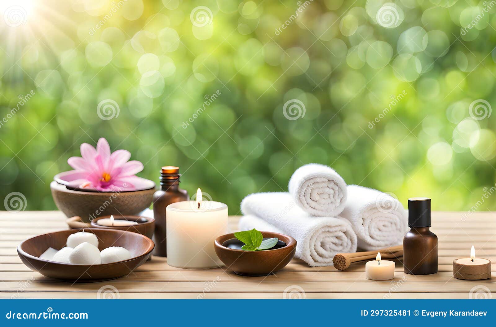 Relaxing Spa Set with Blurred Nature Stock Illustration - Illustration ...