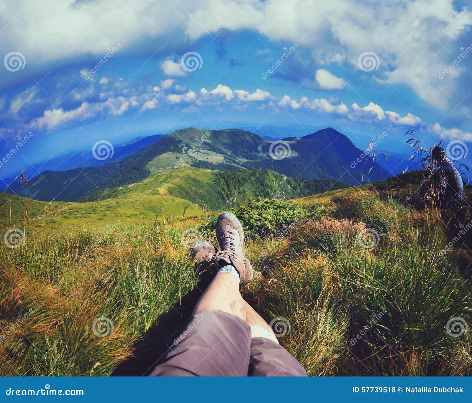 Relaxing Time during an Outdoor Trekking in Mountains Stock Photo ...