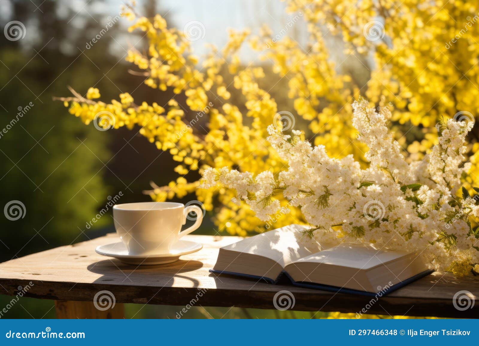 Relaxing in the Tranquil Spring Atmosphere White Coffee Cup and Book on ...