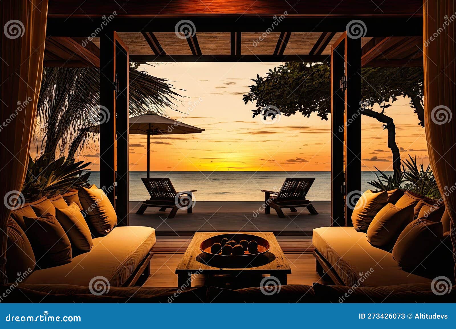 Relaxing View of Sunset from Beachfront Villa Stock Illustration ...
