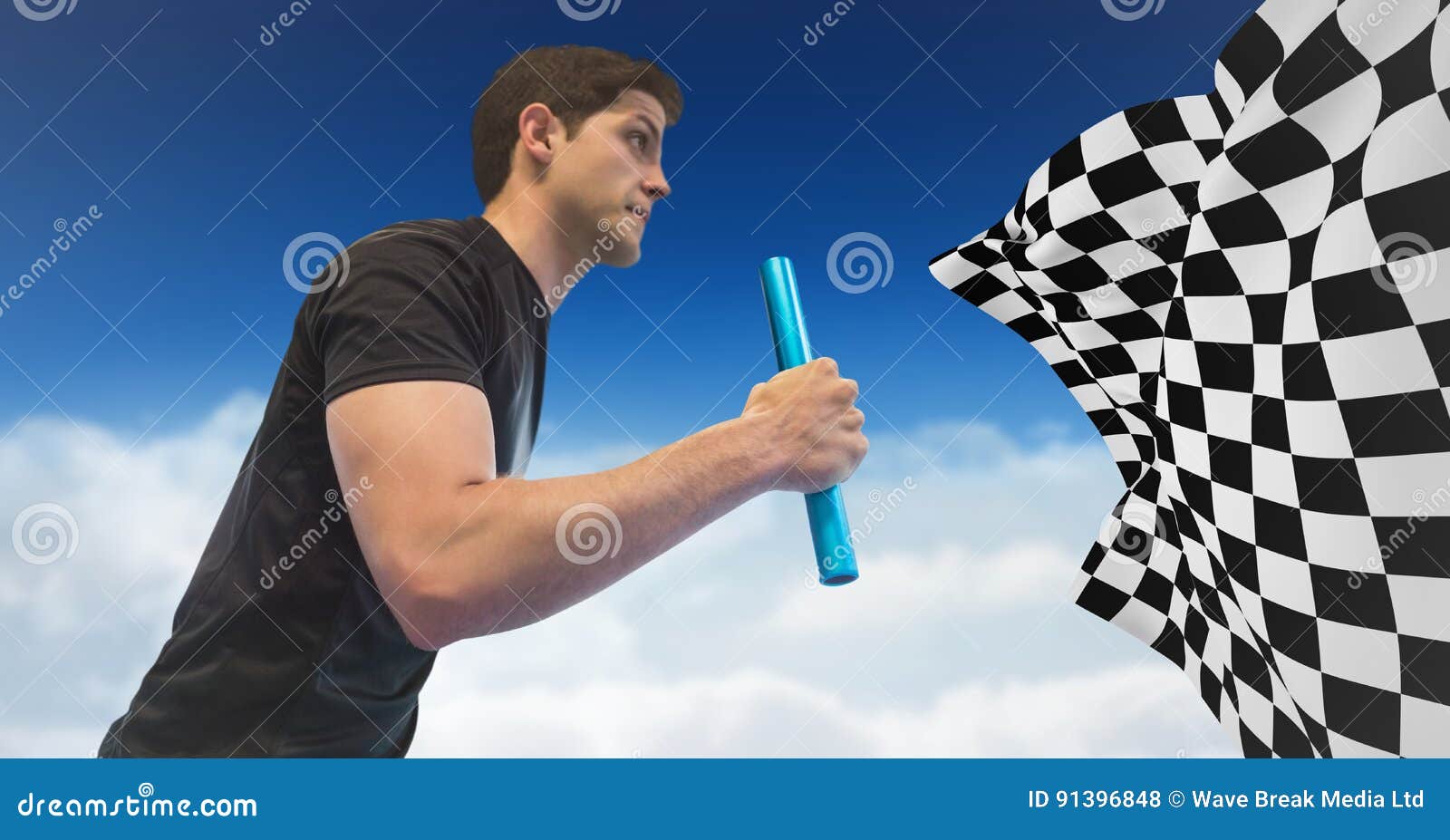 Relay Runner Against Clouds and Blue Sky and Checkered Flag Stock Photo ...