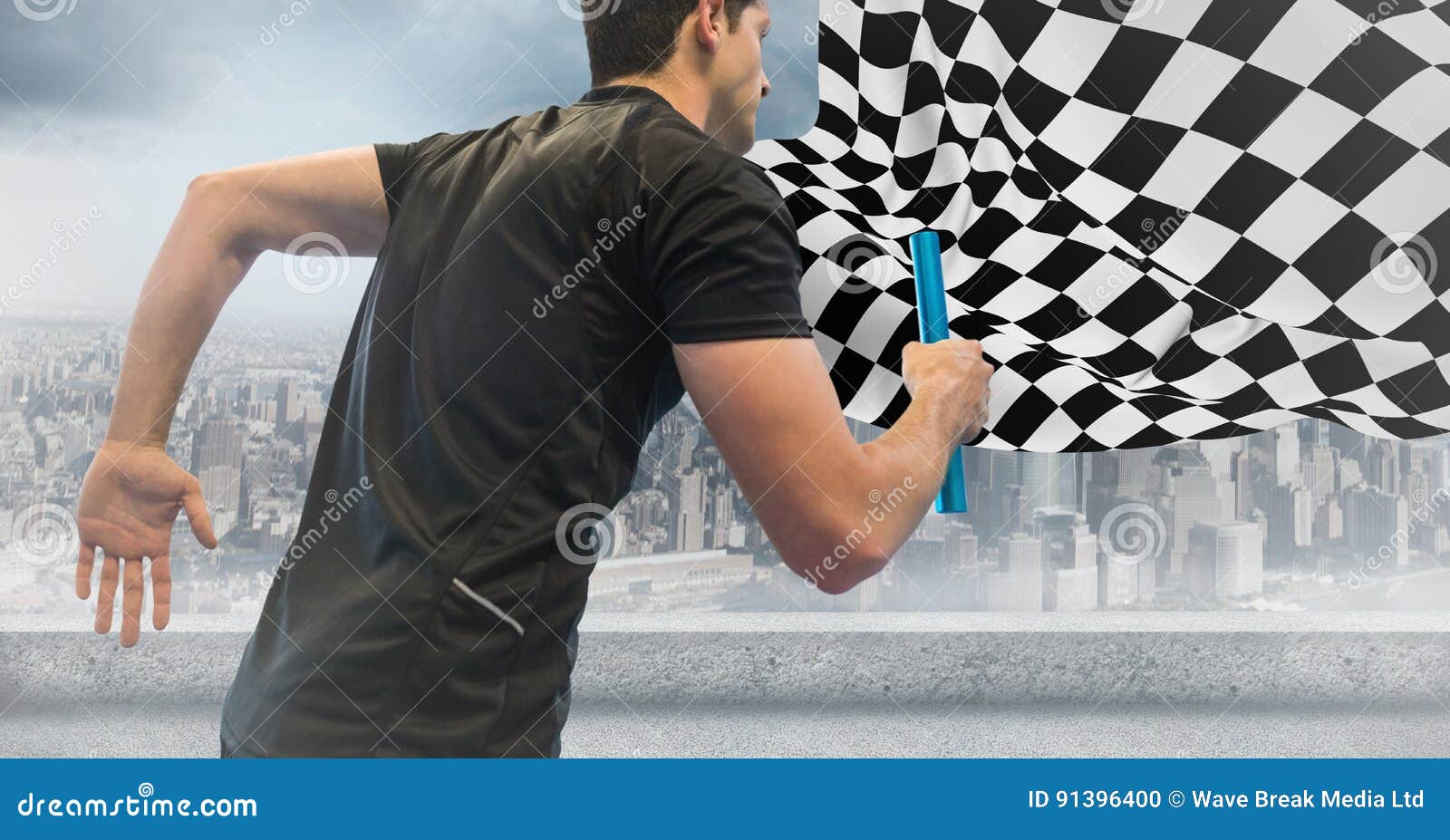 Relay Runner Against Skyline with Flares and Checkered Flag Stock Photo ...