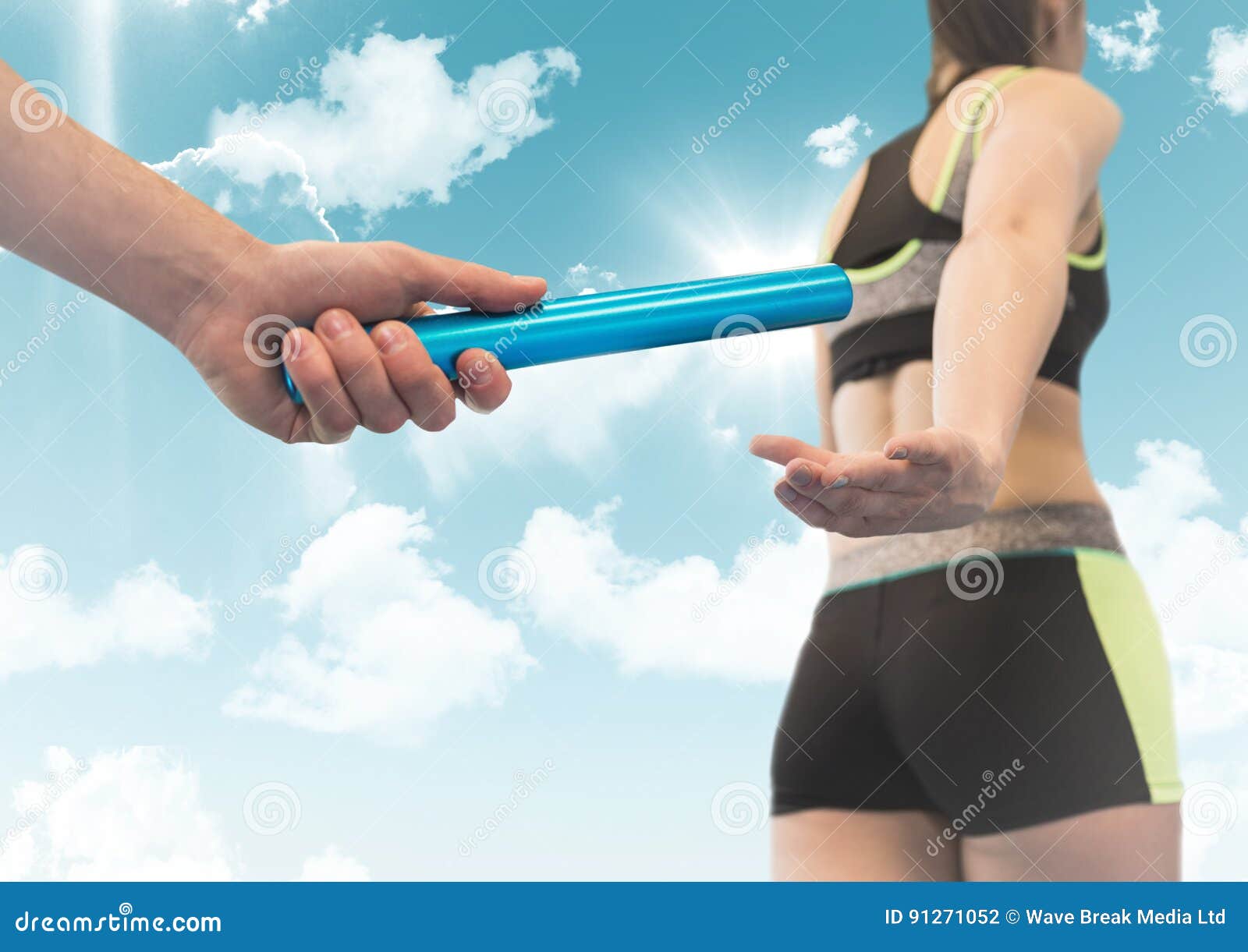 Relay Runner and Hand with Blue Baton Against Sky with Flares Stock ...
