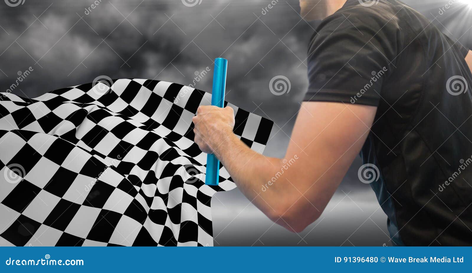 Relay Runner Mid Section and Flare Against Stormy Sky and Checkered ...