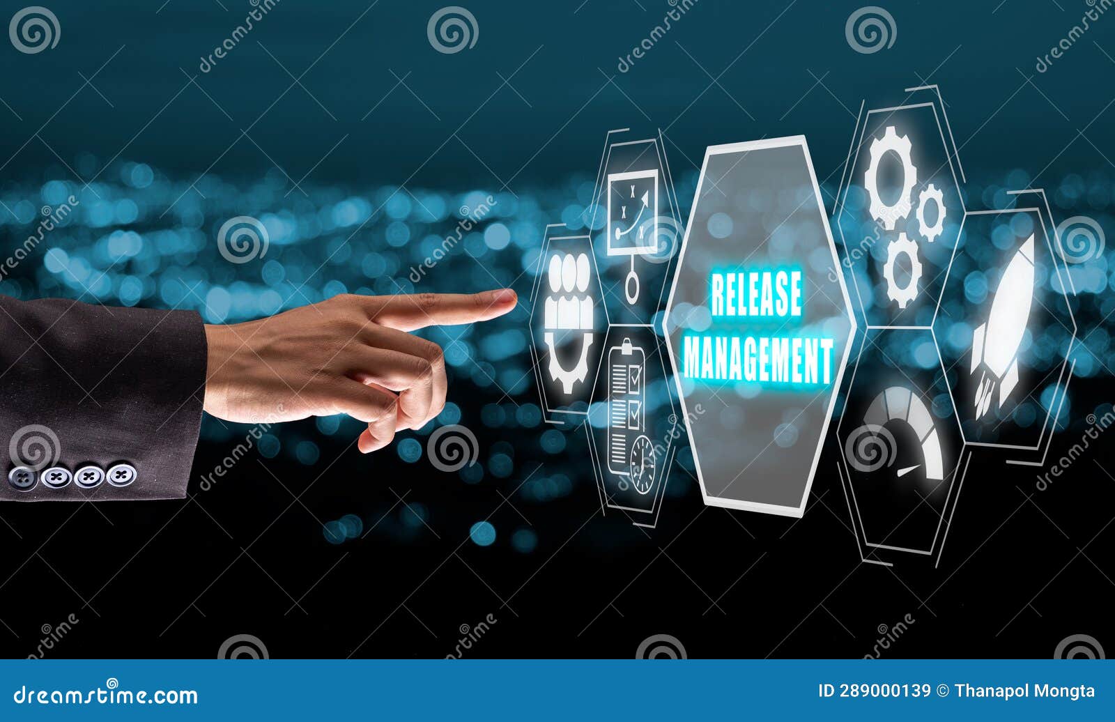 Business Hand Touching Release Management Icon on Virtual Screen Stock ...