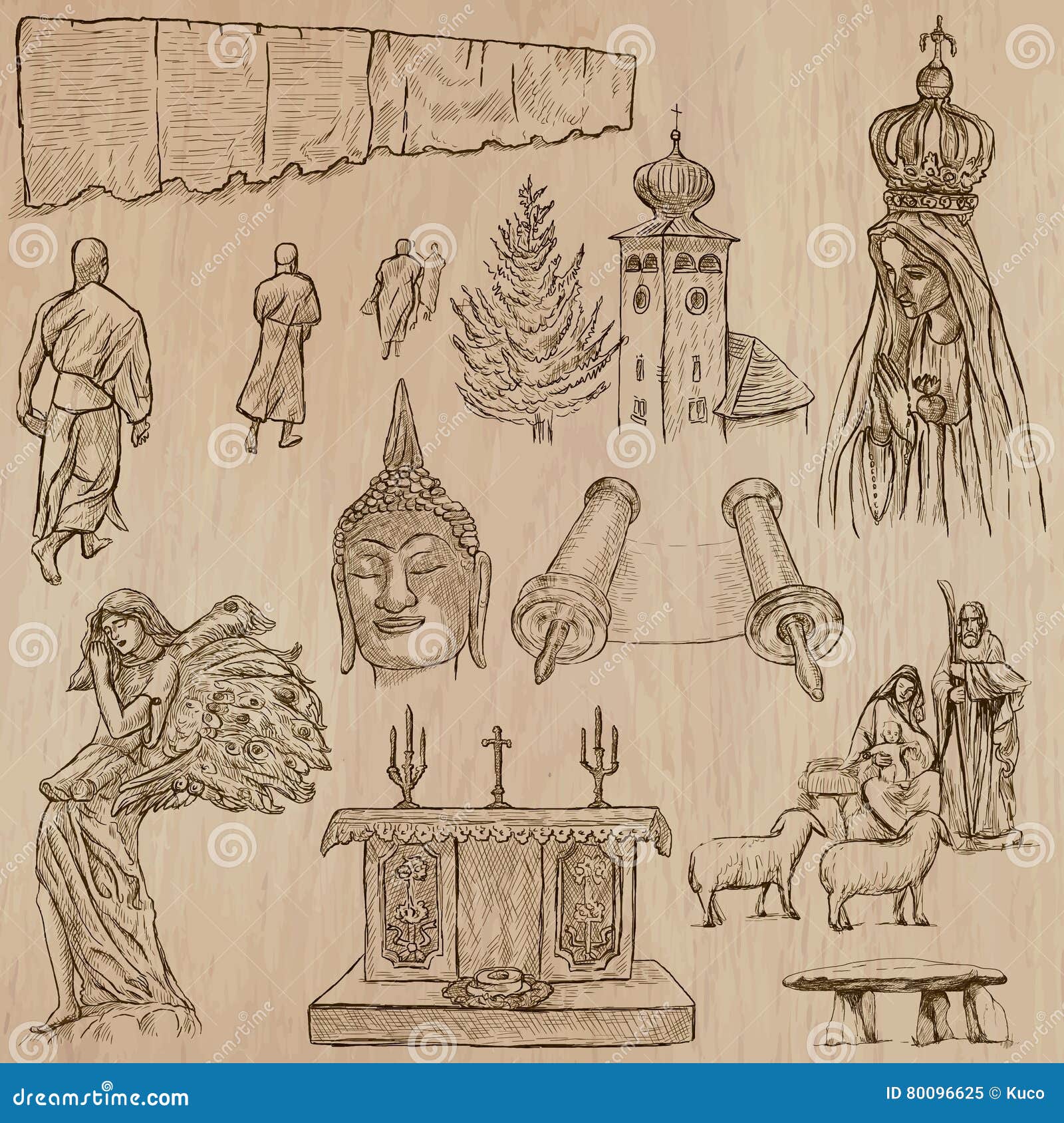 Religion Around The World - Vector Set. Hand Drawn Collection ...