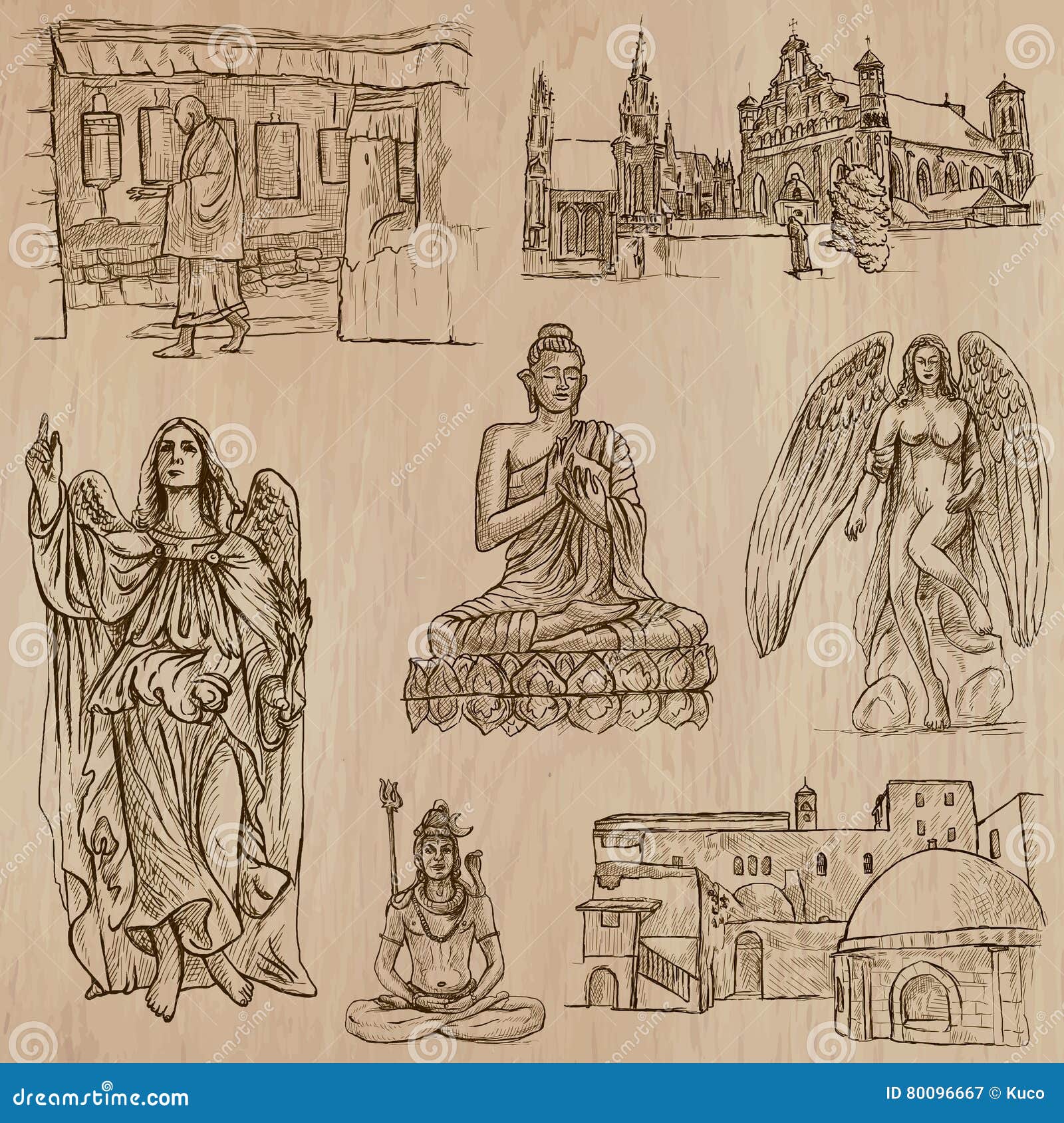 Religion Around the World - Vector Set. Hand Drawn Collection. Stock ...