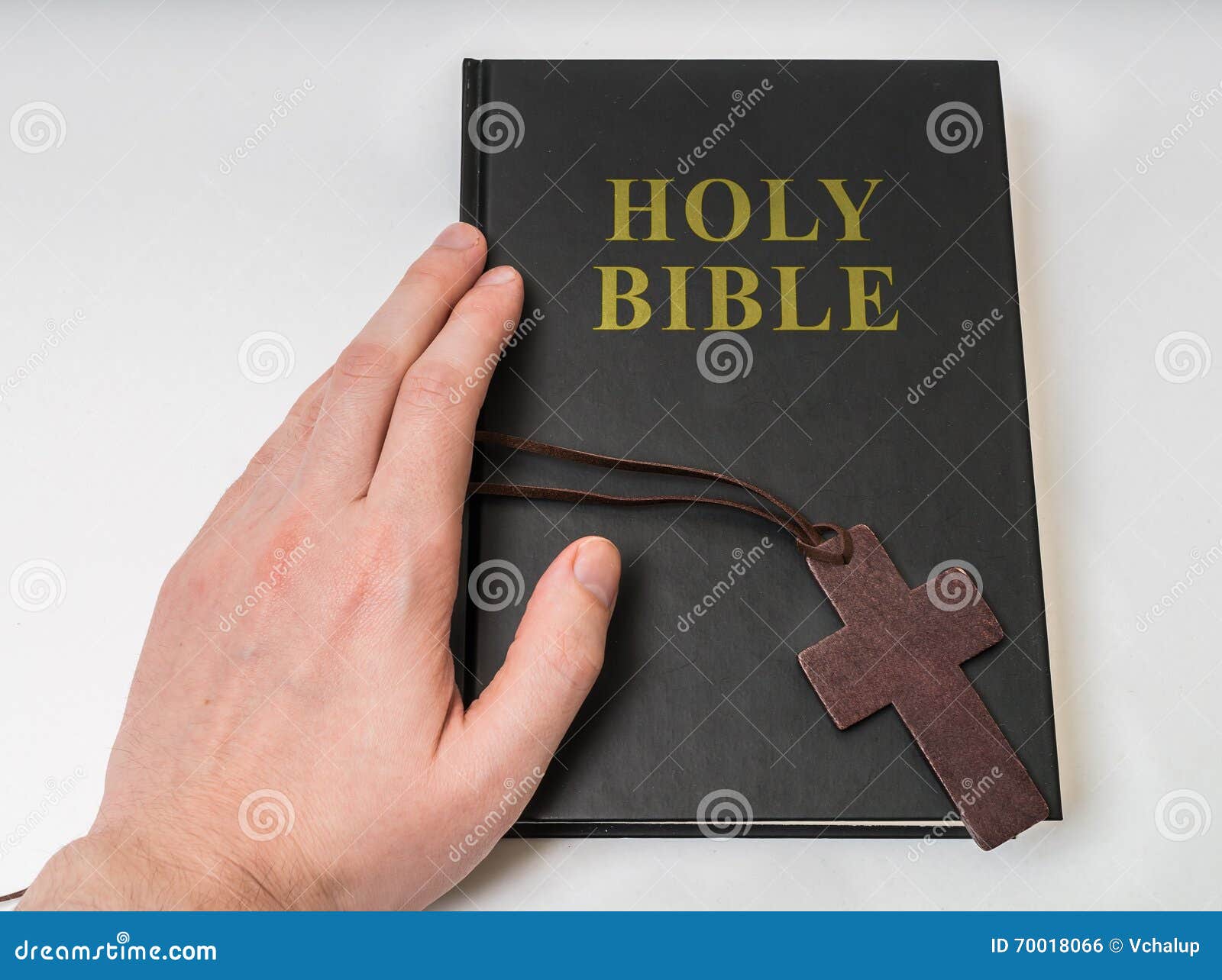 Religion Concept. Hand Touches Holy Bible Stock Photo - Image of cross ...