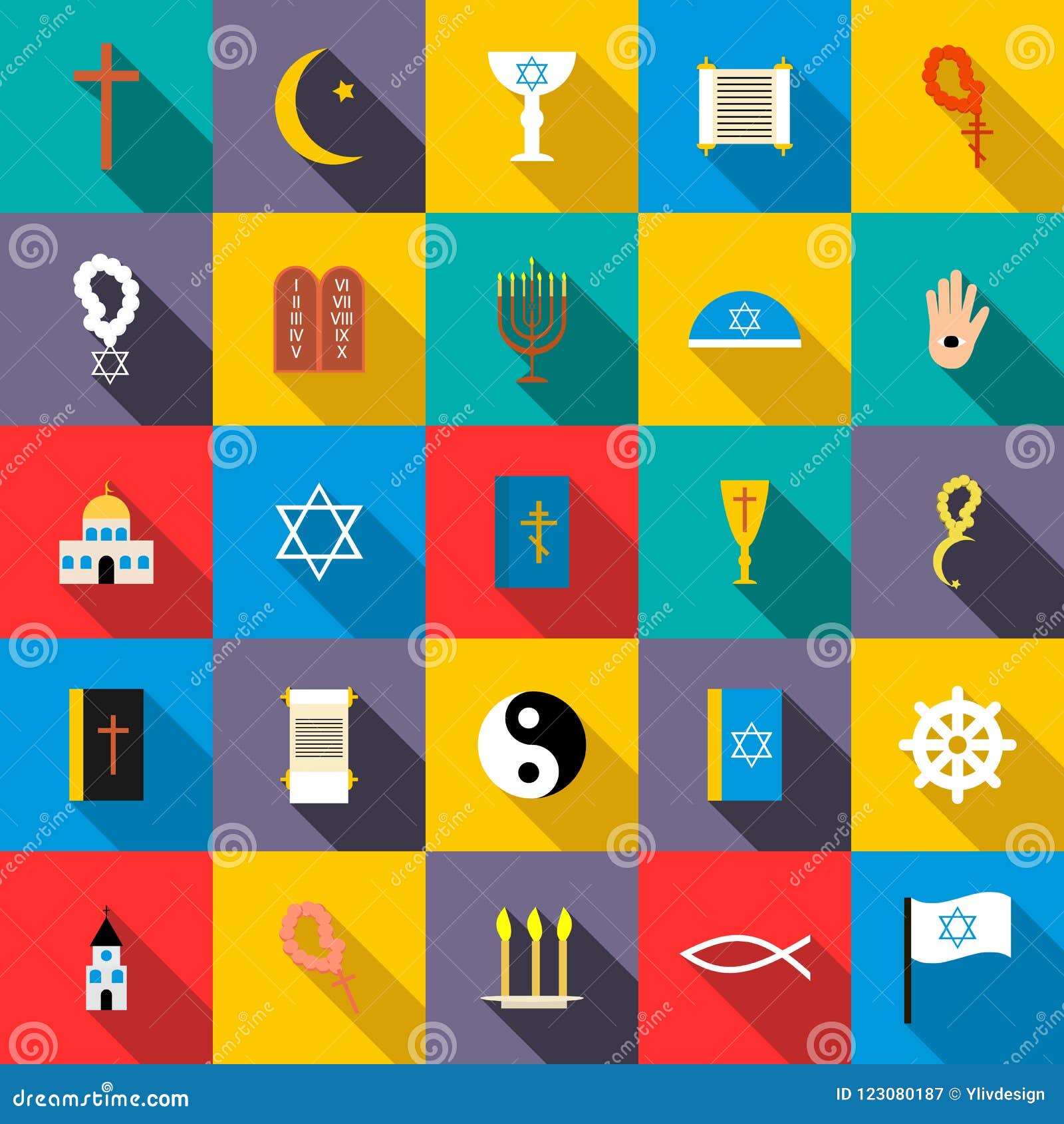 Religion Icons Set, Flat Style Stock Illustration - Illustration of ...