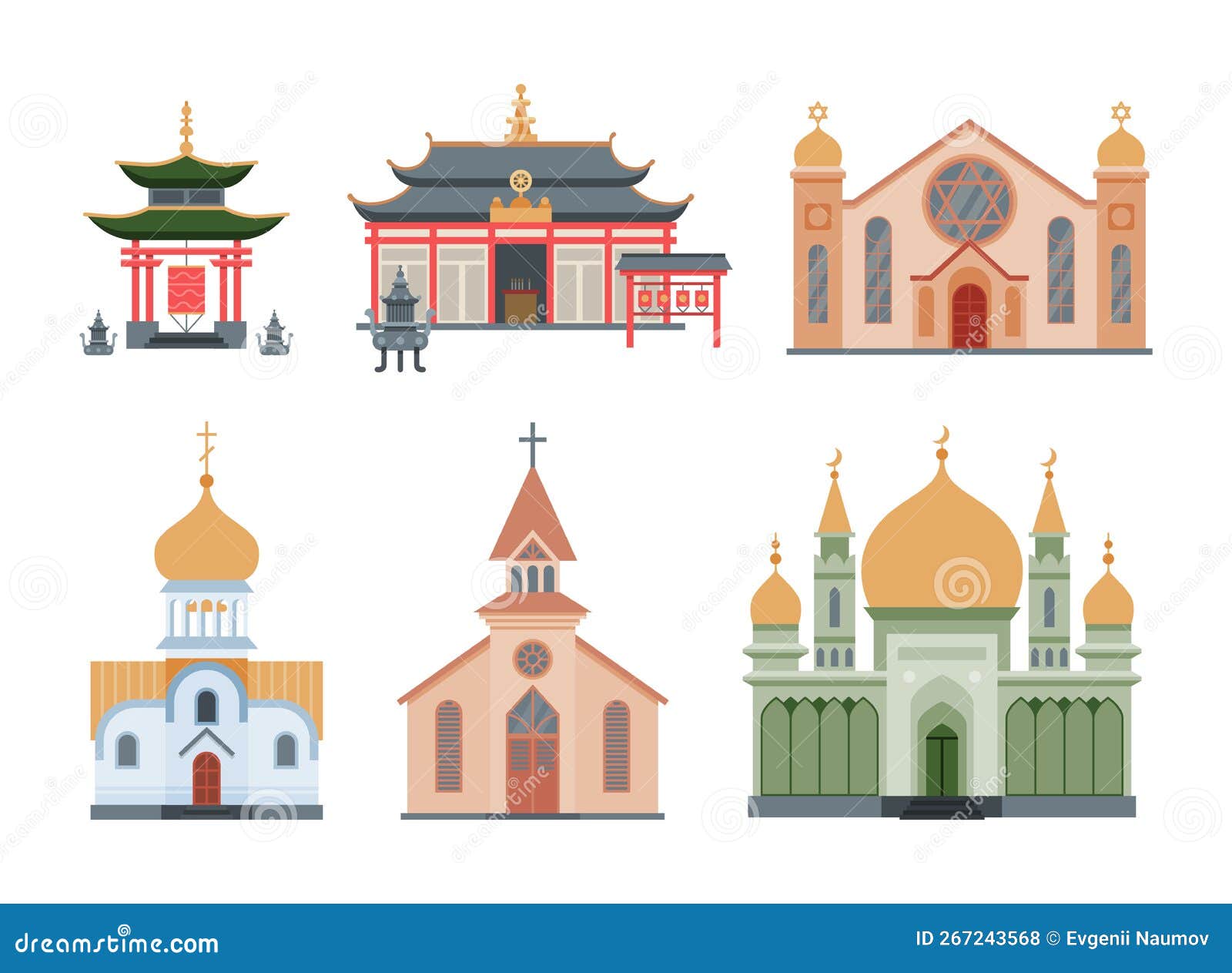 Religious Buildings with Different Churches and Temples Facades Vector ...