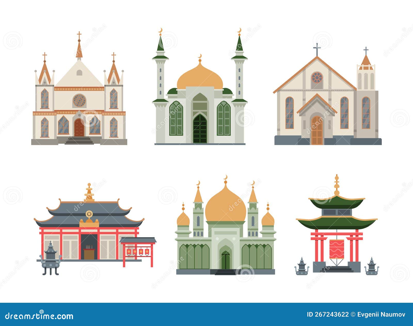 Religious Buildings with Different Churches and Temples Facades Vector ...