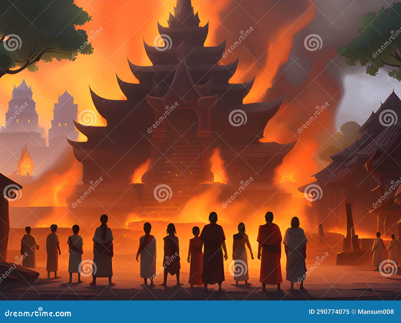 Religious Concept with Burning People in Front of Temple Stock ...
