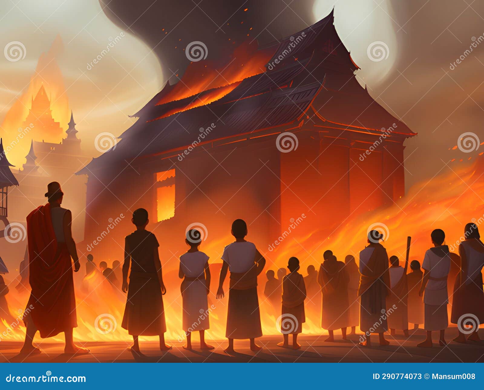 Religious Concept with Burning People in Front of Temple Stock ...