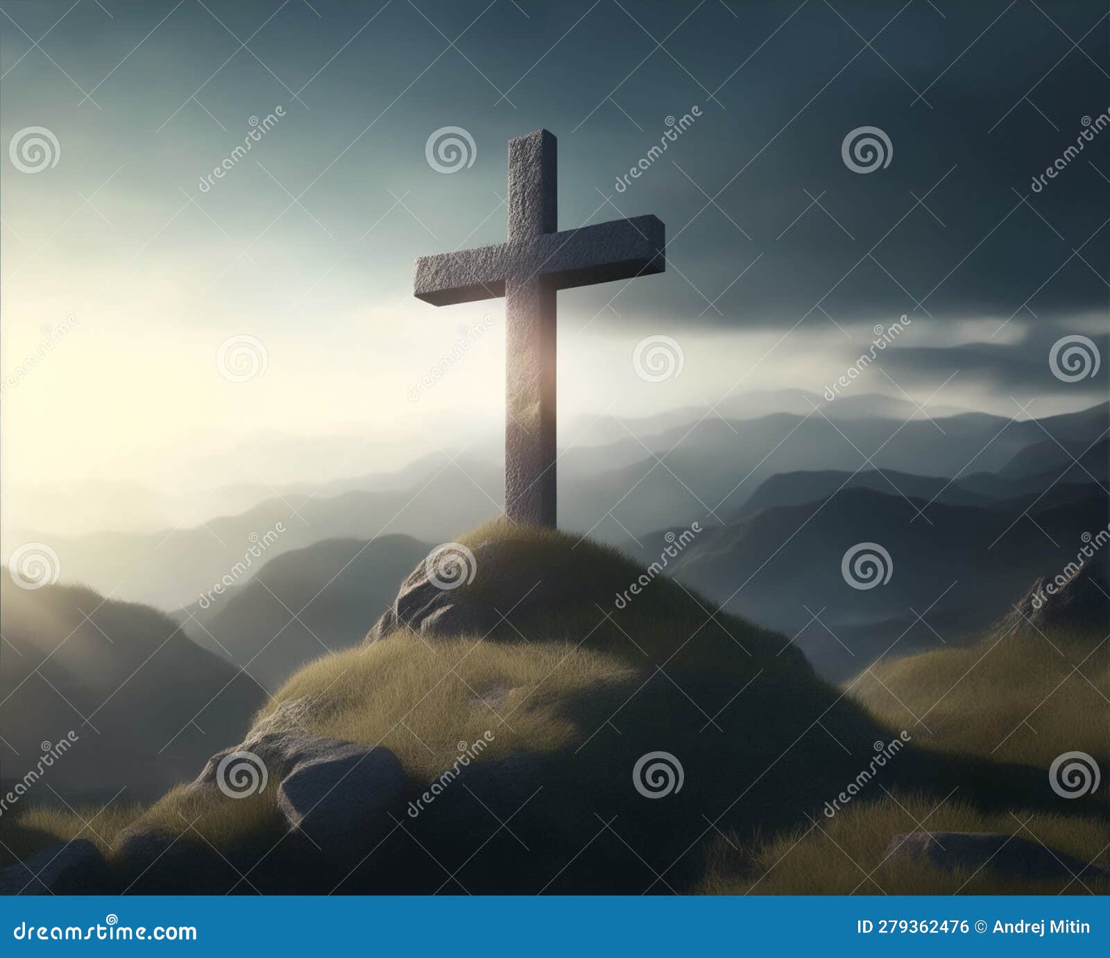 Religious Cross on Hill in Valley.Polaroid Style.Generative Ai. Stock ...