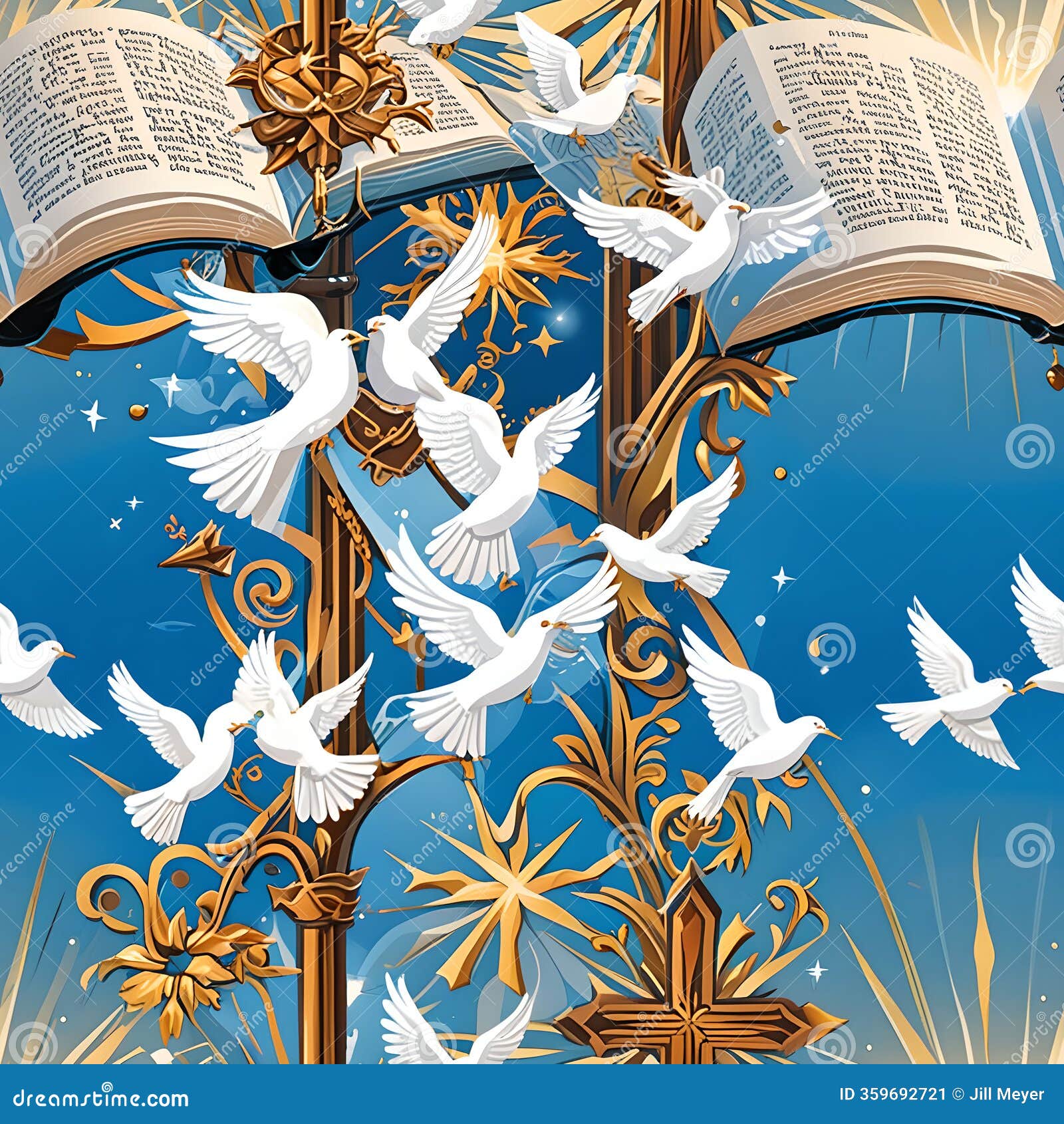Religious, Doves with Cross in Sky of Stars Seamless Pattern Stock ...