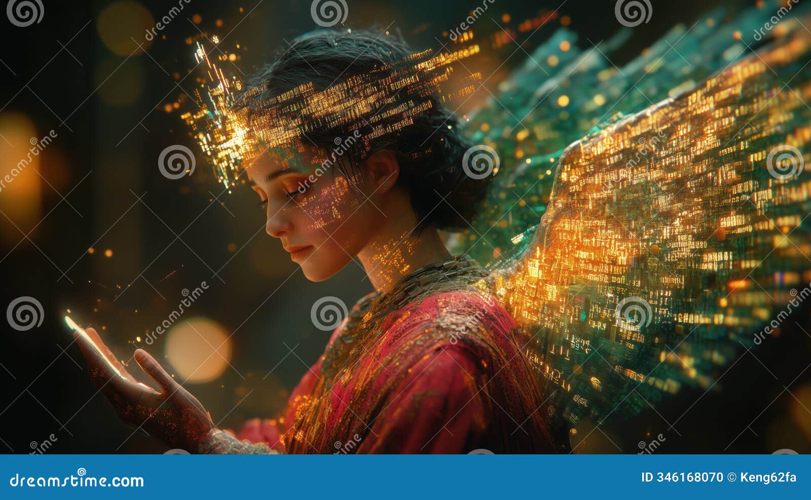 Religious Figure Resembling Angel with Glowing Wings and Digital ...