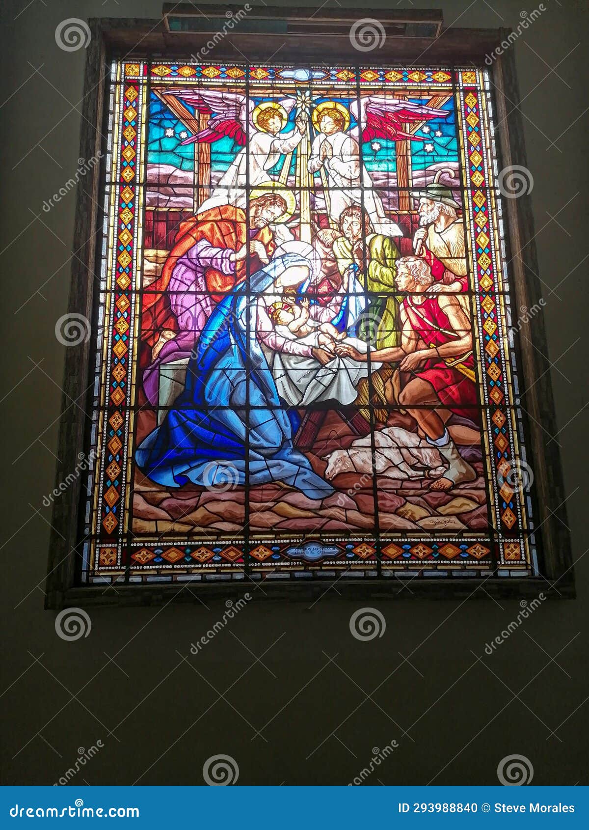 Religious Stained Glass Window of the Birth of Jesus Stock Photo ...