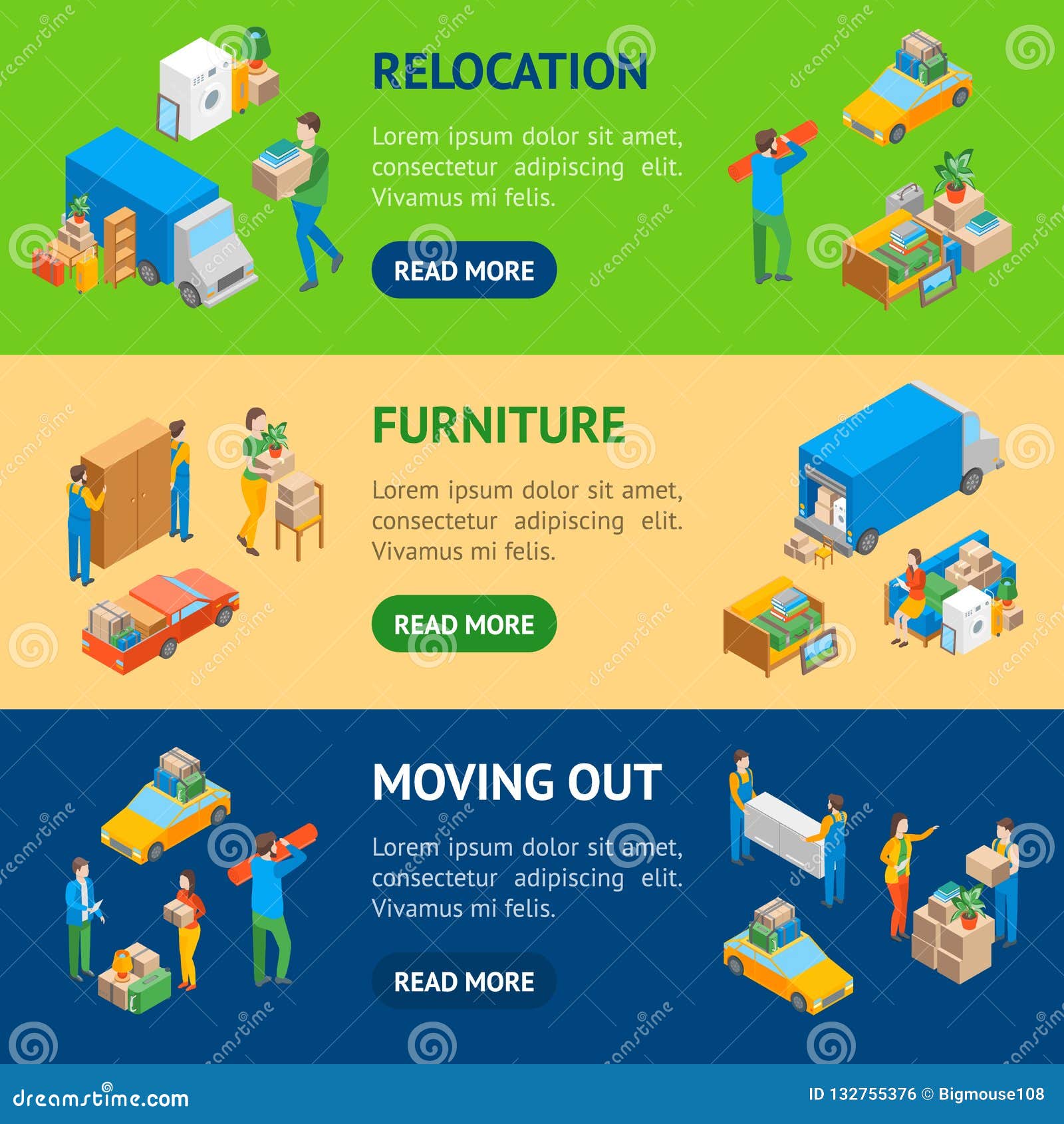 Relocation Service 3d Banner Horizontal Set Isometric View. Vector ...