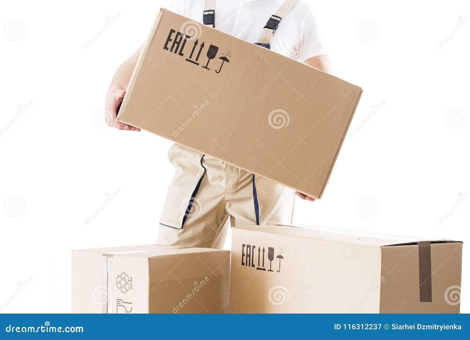 Relocation Service Man Holds Cardboard Box In Hand Closeup Isolated On ...