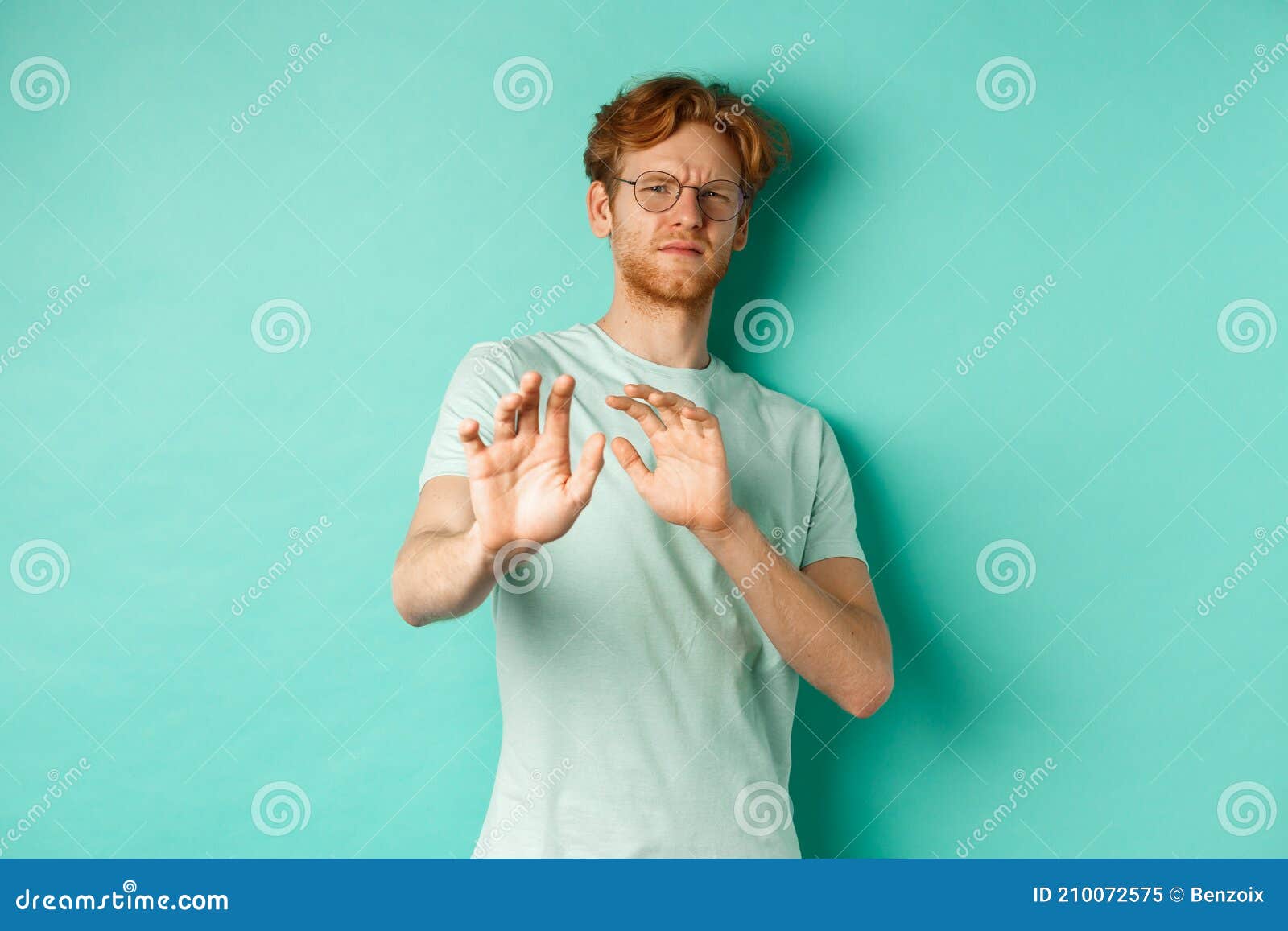 Reluctant Redhead Man in Glasses Raising Hands in Refusal Gesture, Step ...