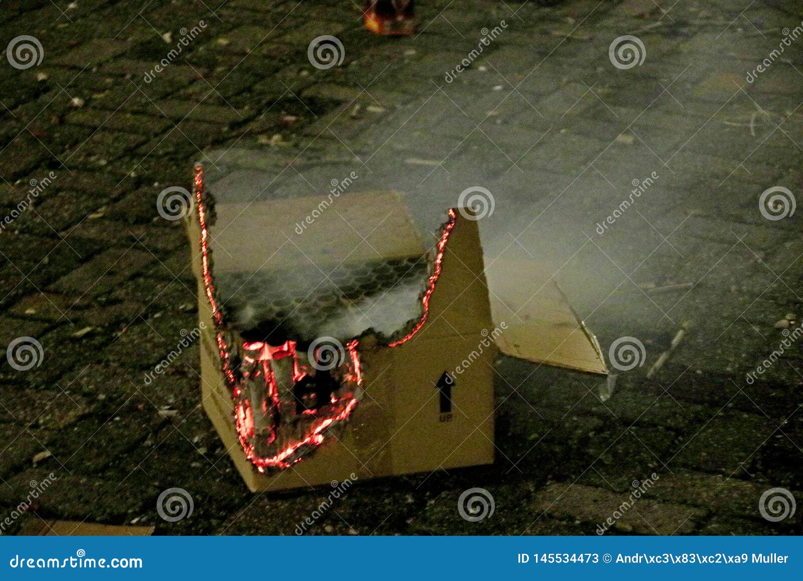 Remains of Firework Box Still on Fire after Firework Explosions. Stock ...