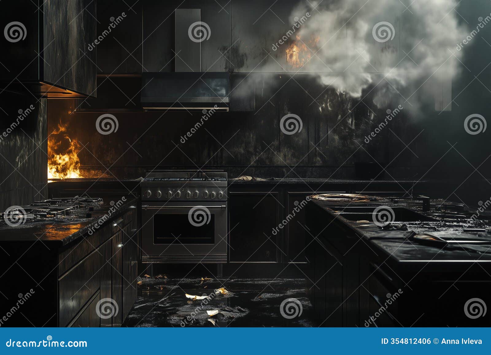 Remains of a Luxury Kitchen after a Devastating Fire with Melted ...