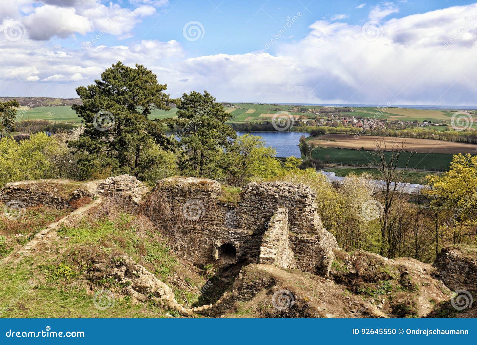 Remains of Medieval Castle Building by the Lake and Fields Stock Photo ...