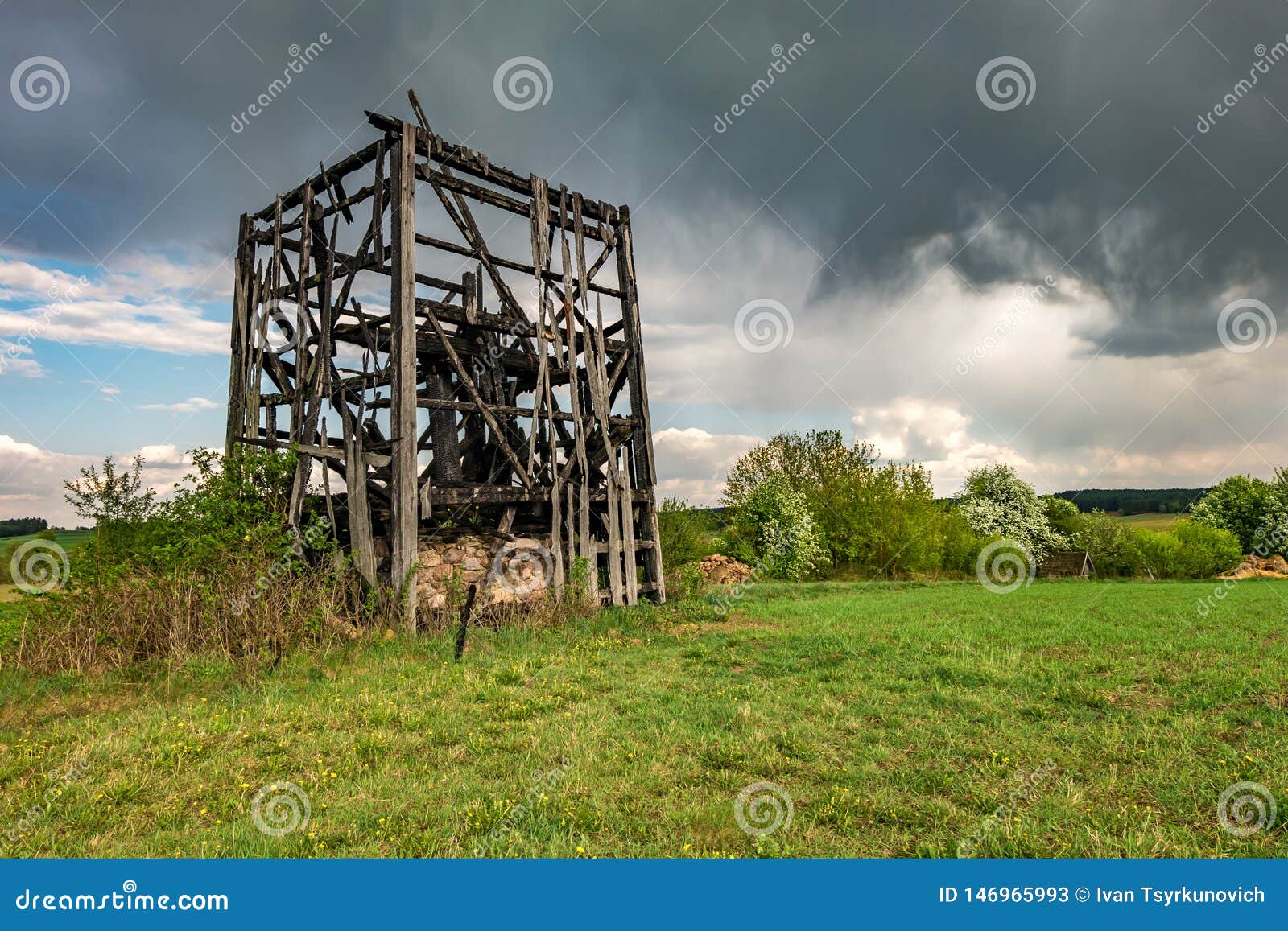 Remains of Old Burnt Windmill in the Field before the Rain Stock Image ...