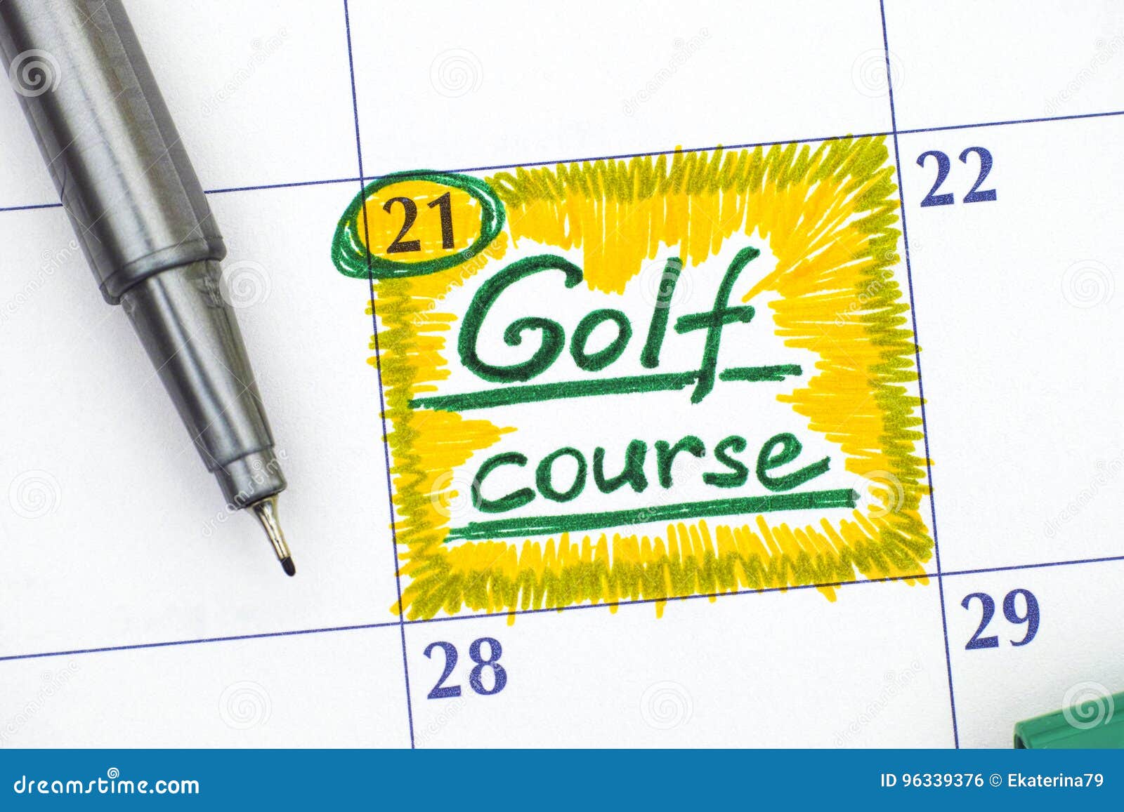 Reminder Golf Course in Calendar with Pen Stock Photo - Image of ...