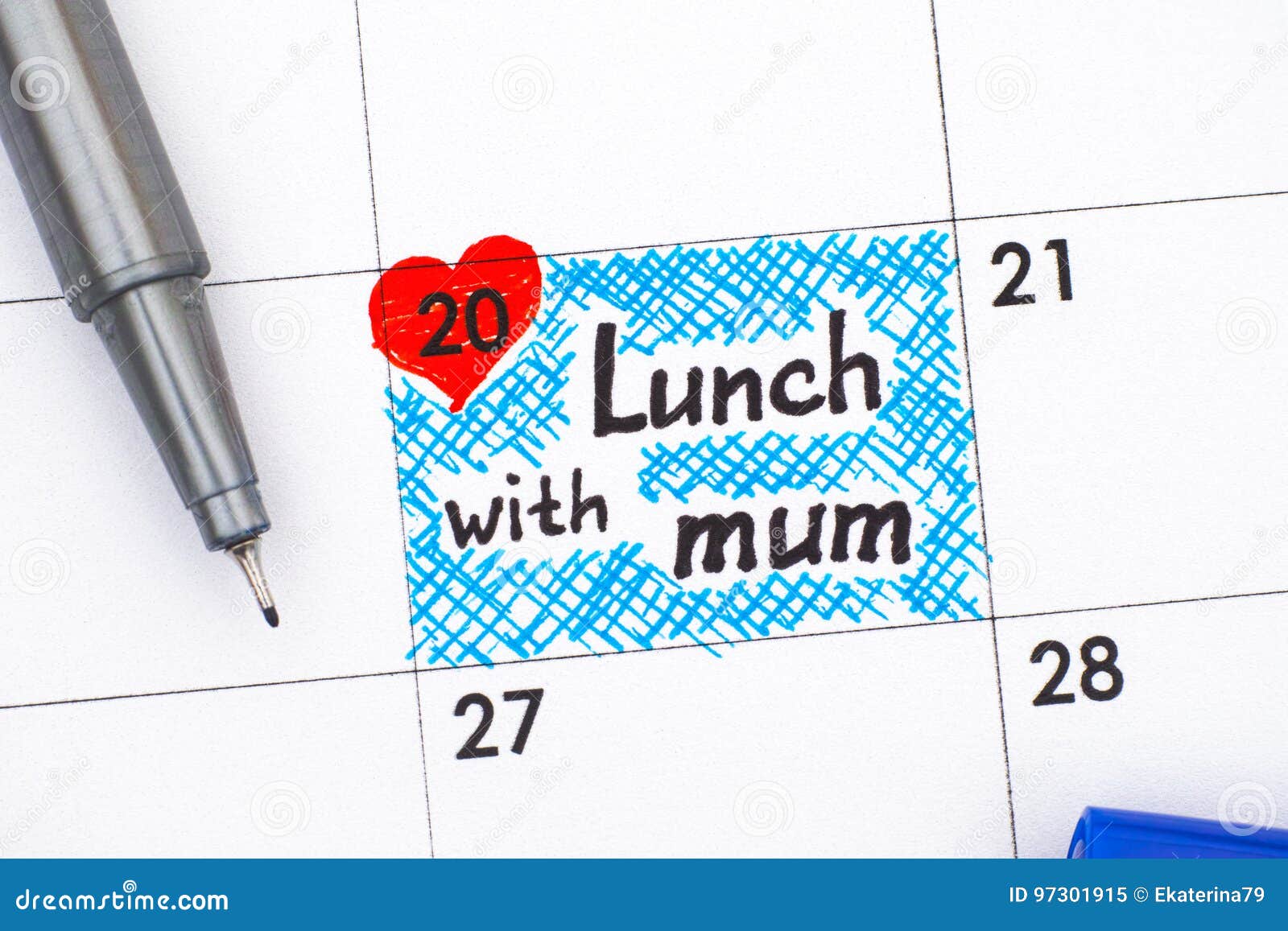 Reminder Lunch with Mum in Calendar with Pen. Stock Image - Image of ...