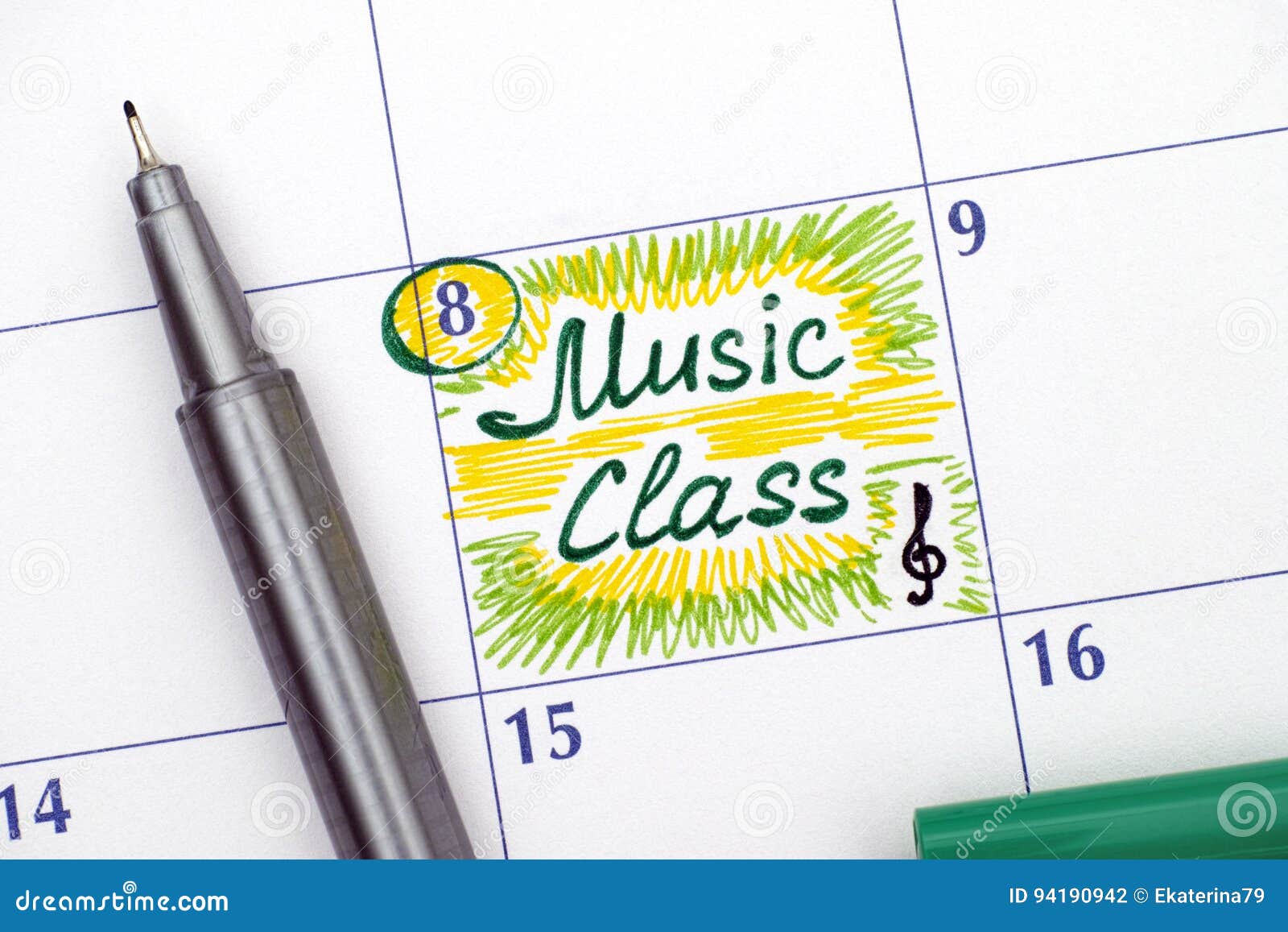 Reminder Music Class in Calendar with Pen Stock Photo - Image of piano ...