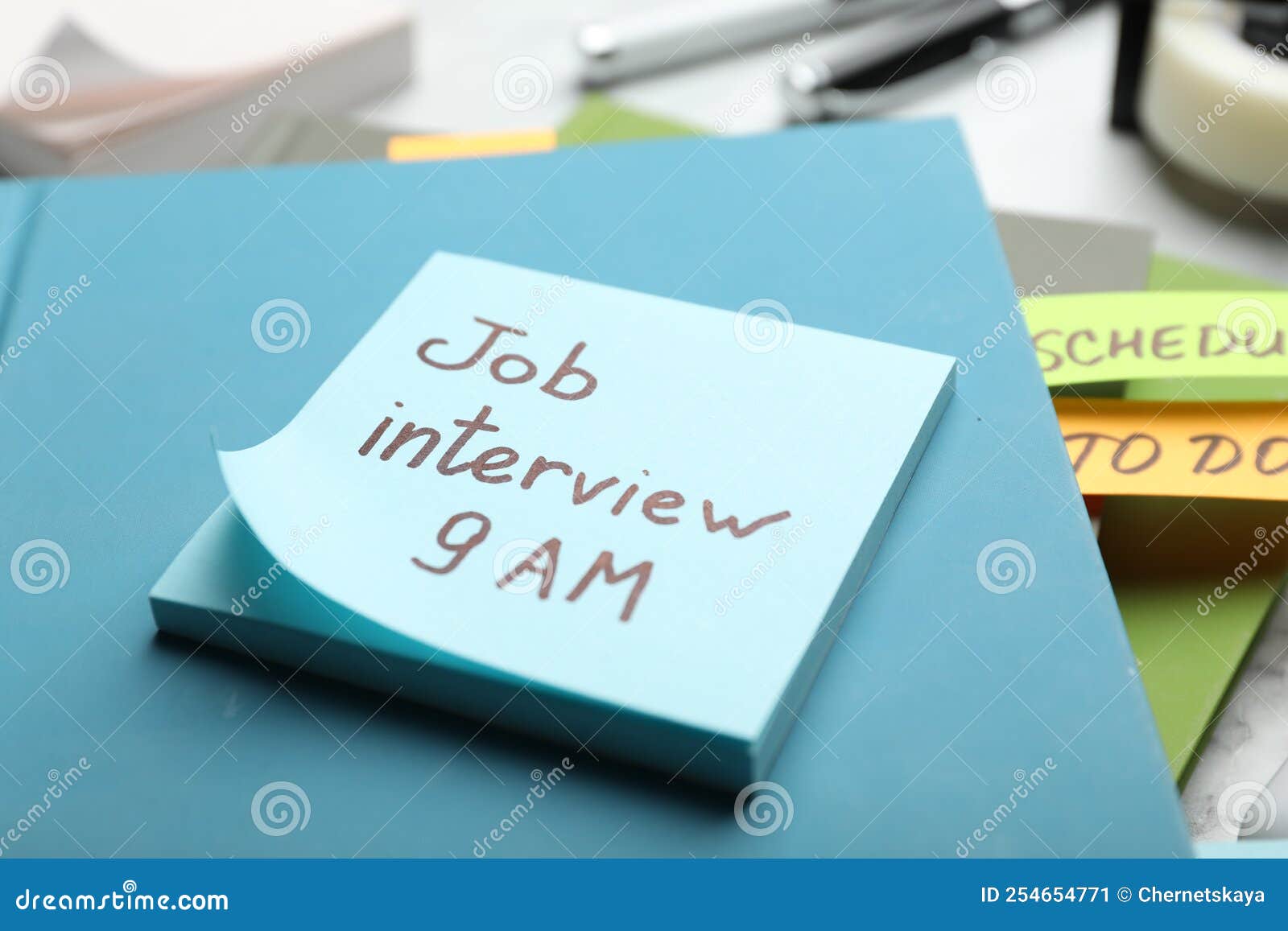 Reminder Note about Job Interview and Stationery on Table, Closeup ...