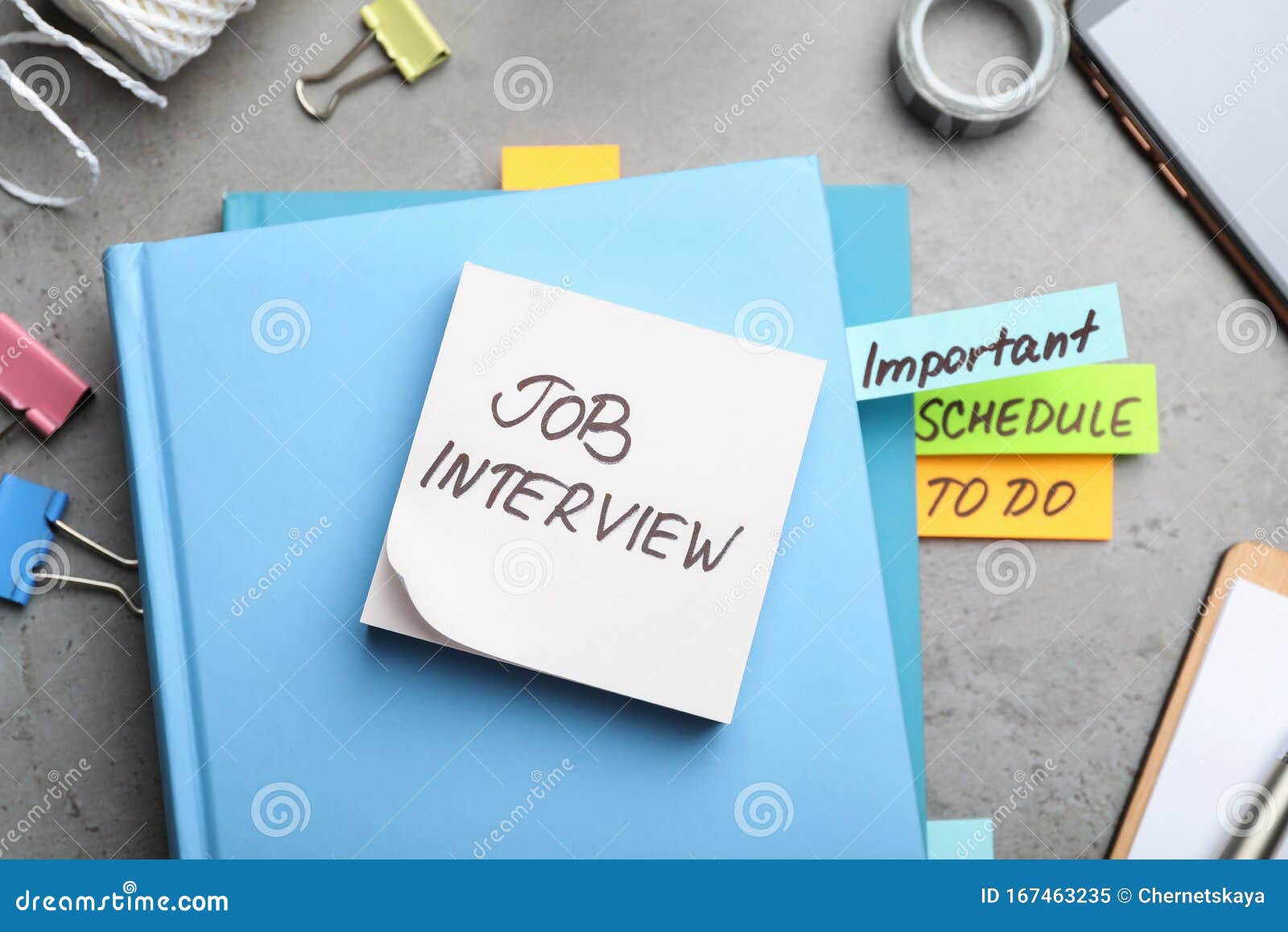 Reminder Note about Job Interview and Stationery on Table Stock Image ...