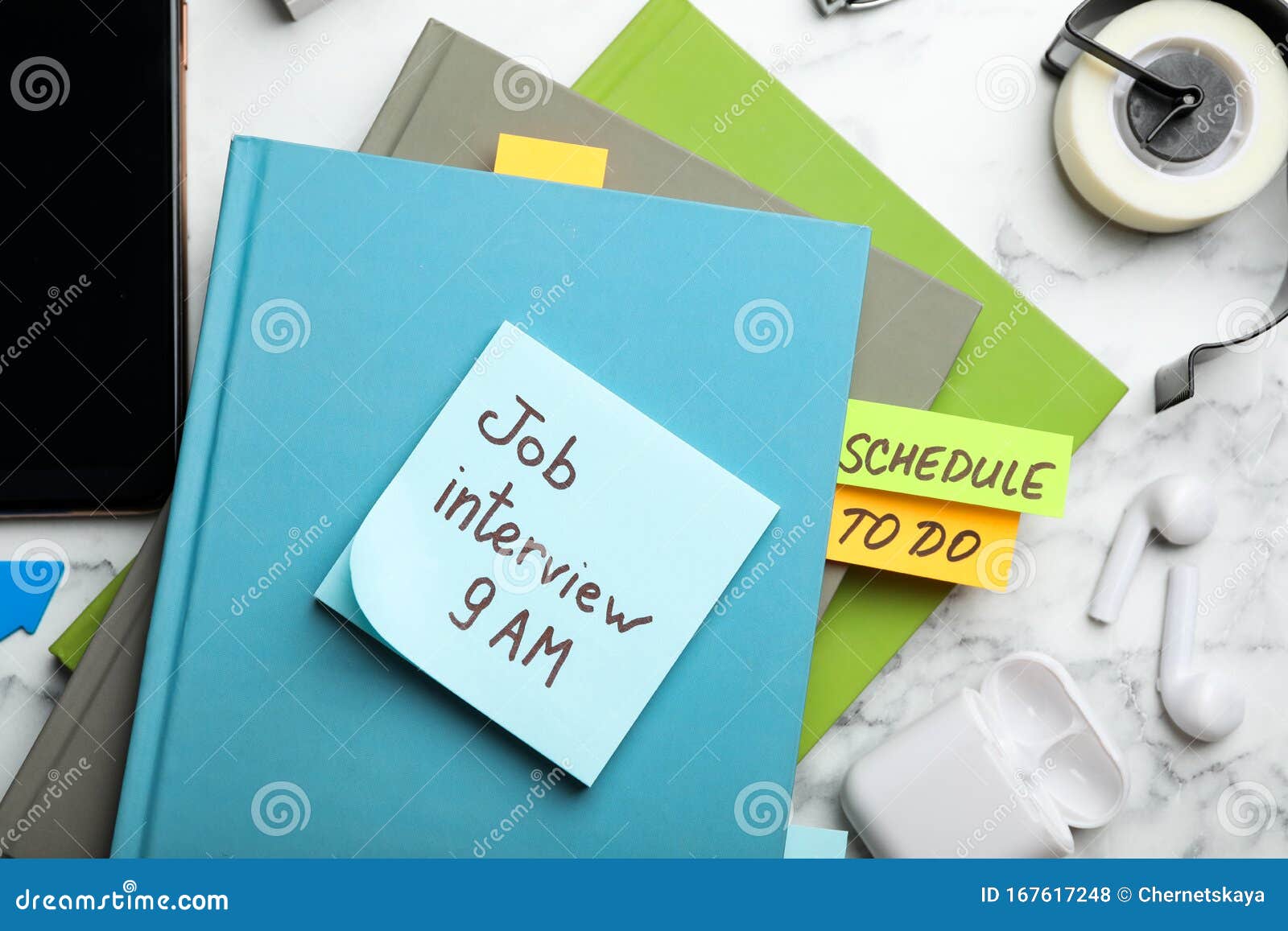 Reminder Note about Job Interview and Stationery on Table Stock Photo ...