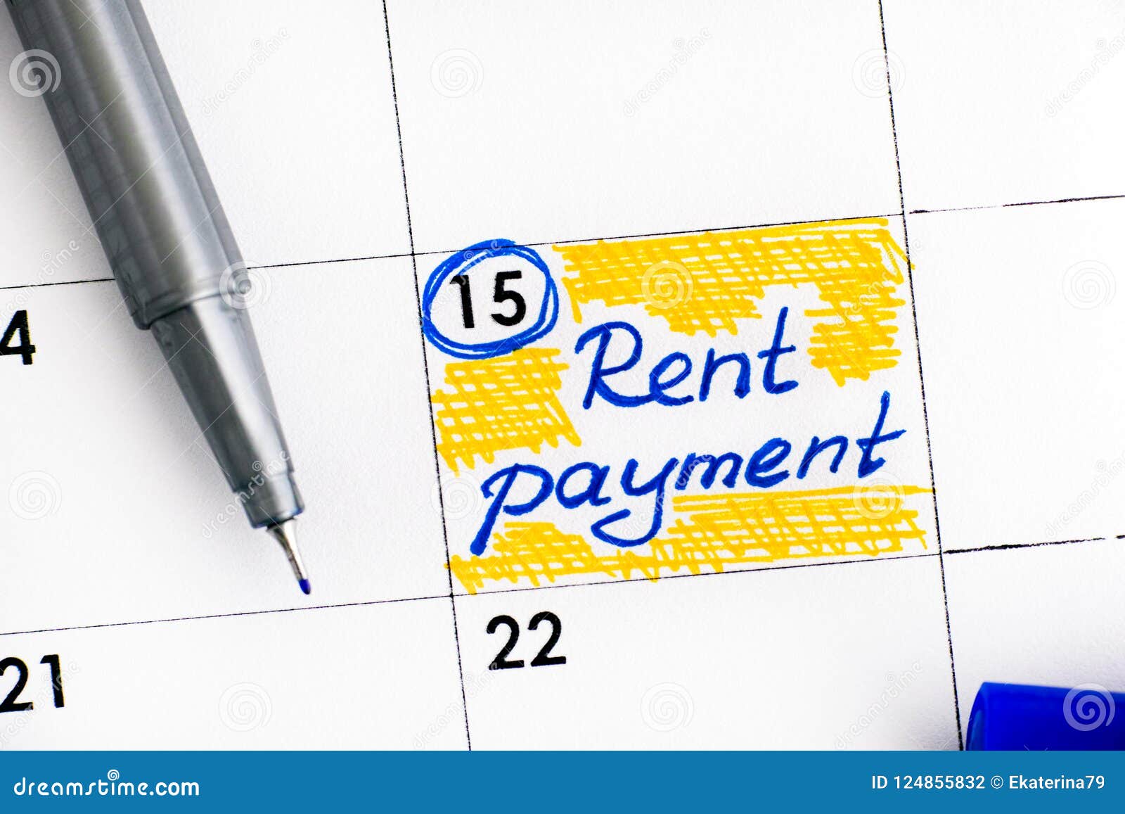 Reminder Rent Payment in Calendar with Blue Pen. Stock Photo - Image of ...