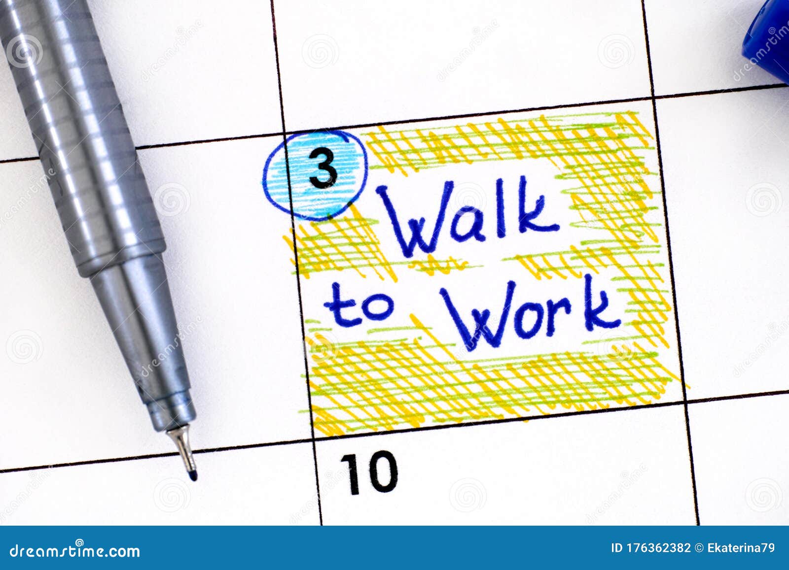 Reminder Walk To Work in Calendar with Pen Stock Photo - Image of ...