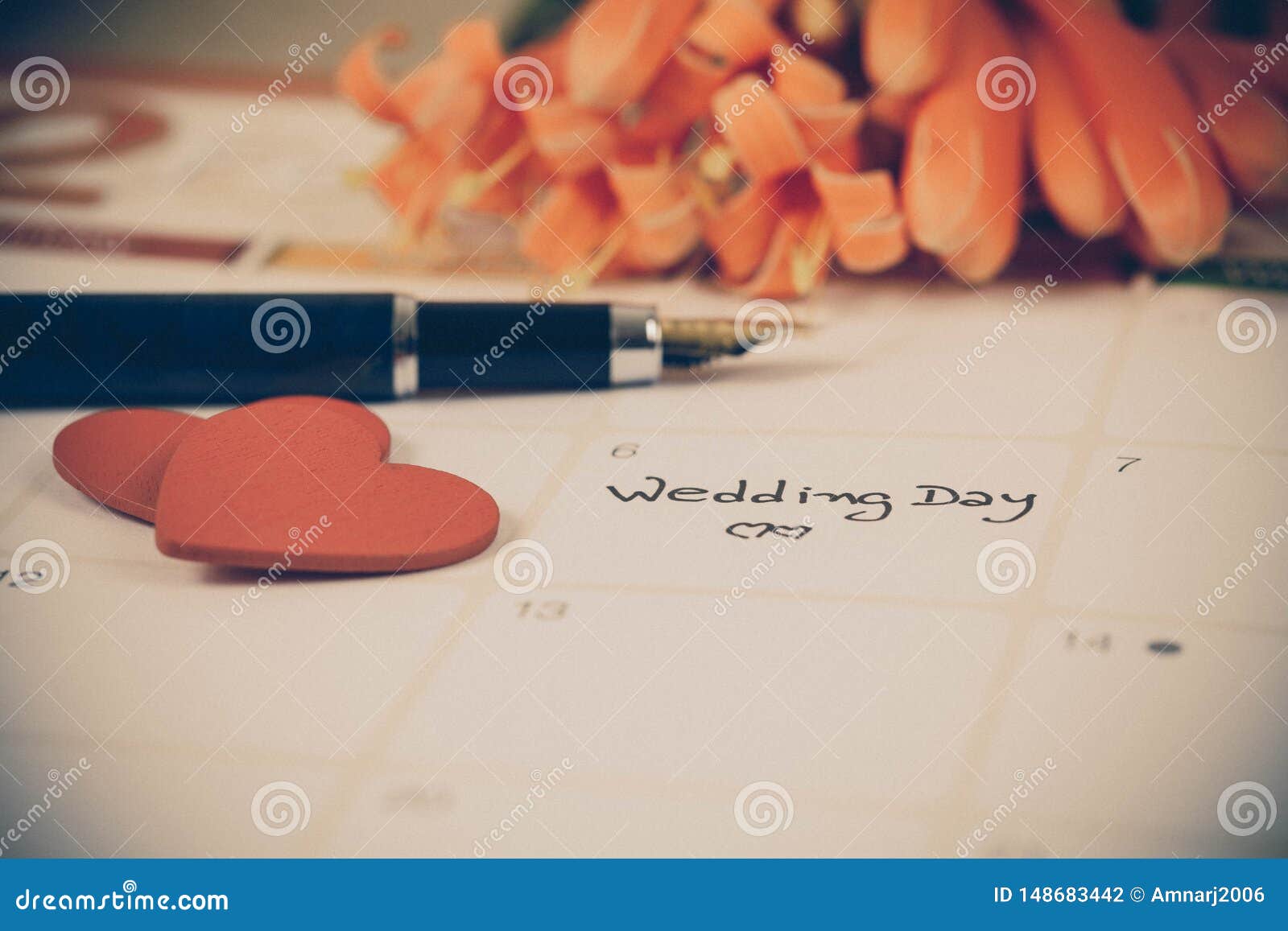 Reminder Wedding Day in Calendar Planning Stock Photo - Image of heart ...