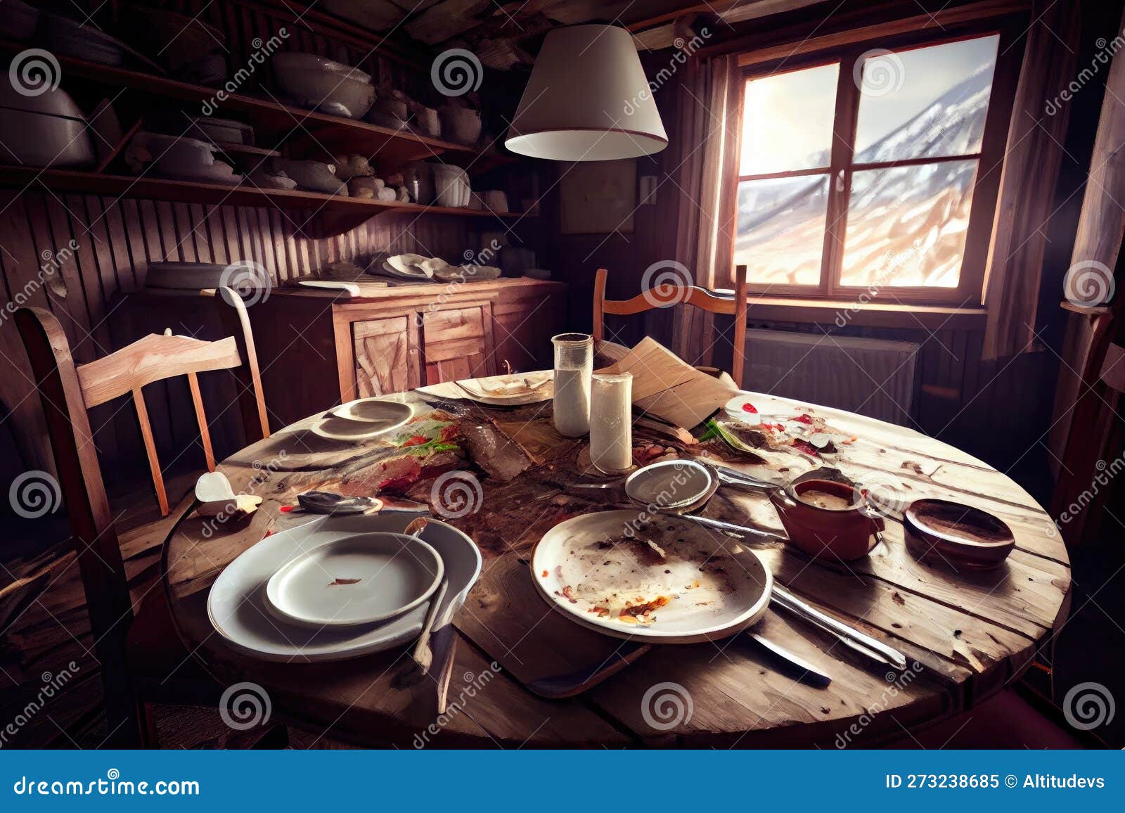 Remnants of Food and Dishes after Breakfast Big Dining Table on Chalet ...