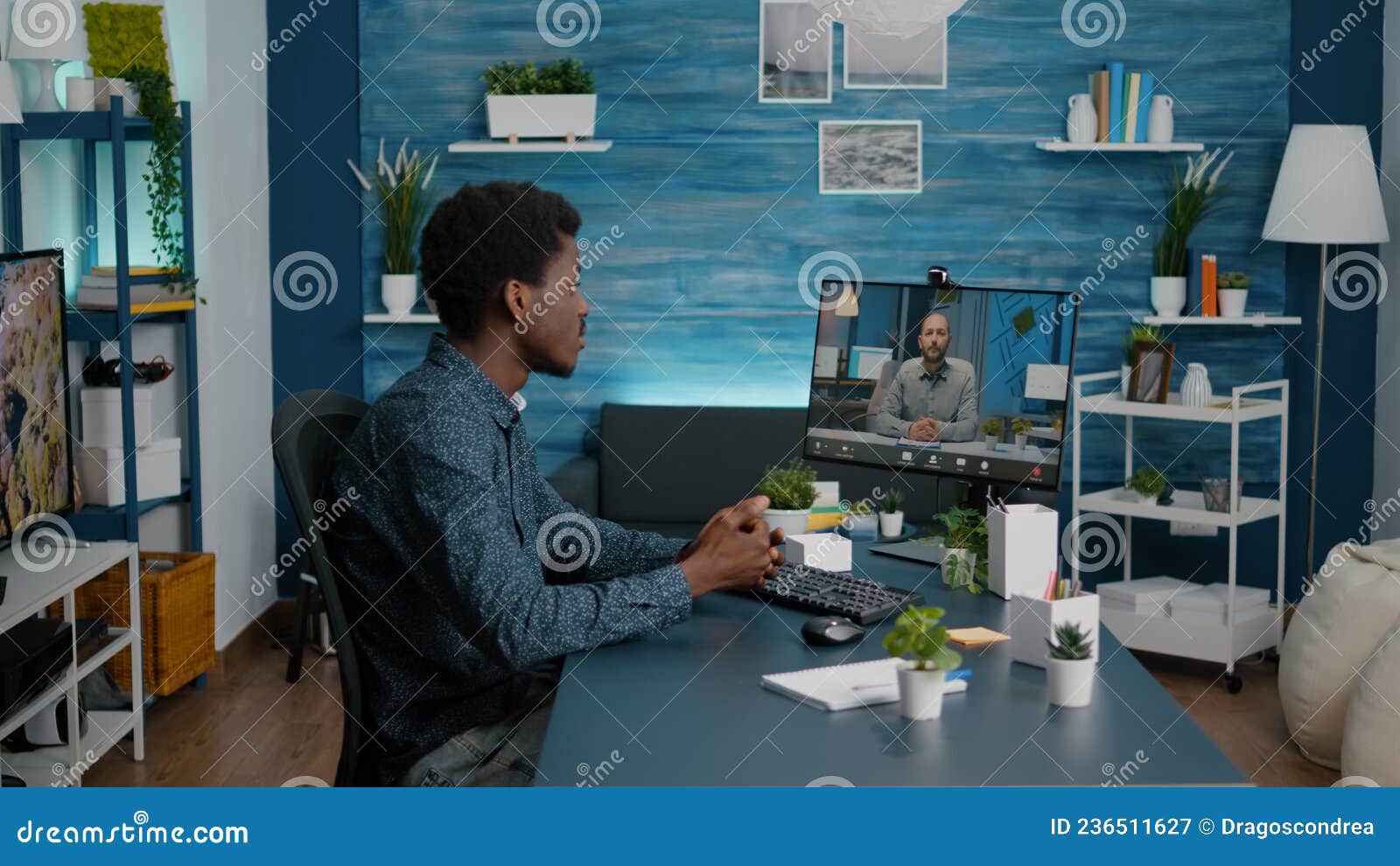 Remote Black Worker Using Internet Web Online Communication To Talk ...