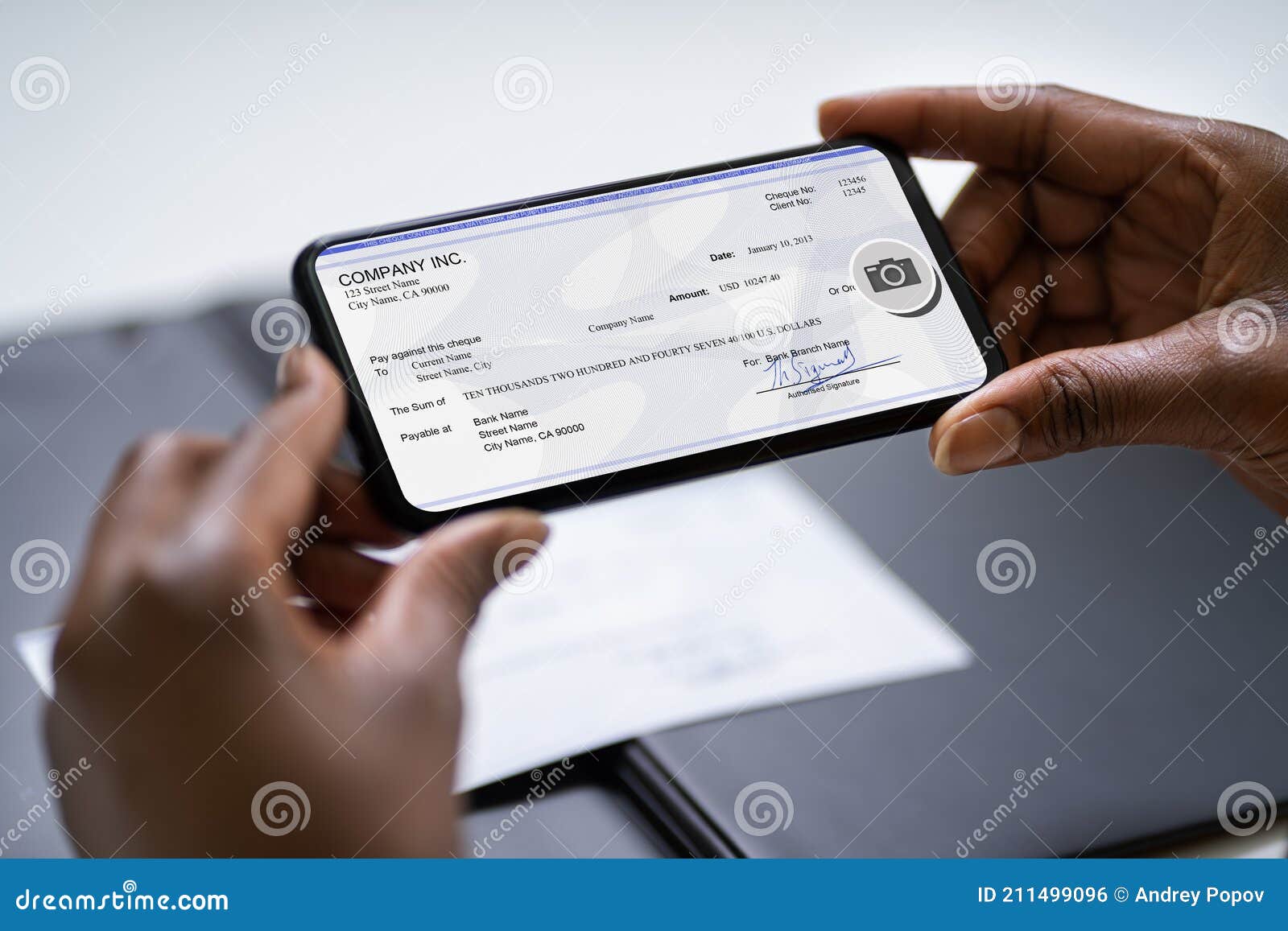 Remote Check Deposit Taking Photo Stock Photo - Image of businesswoman ...