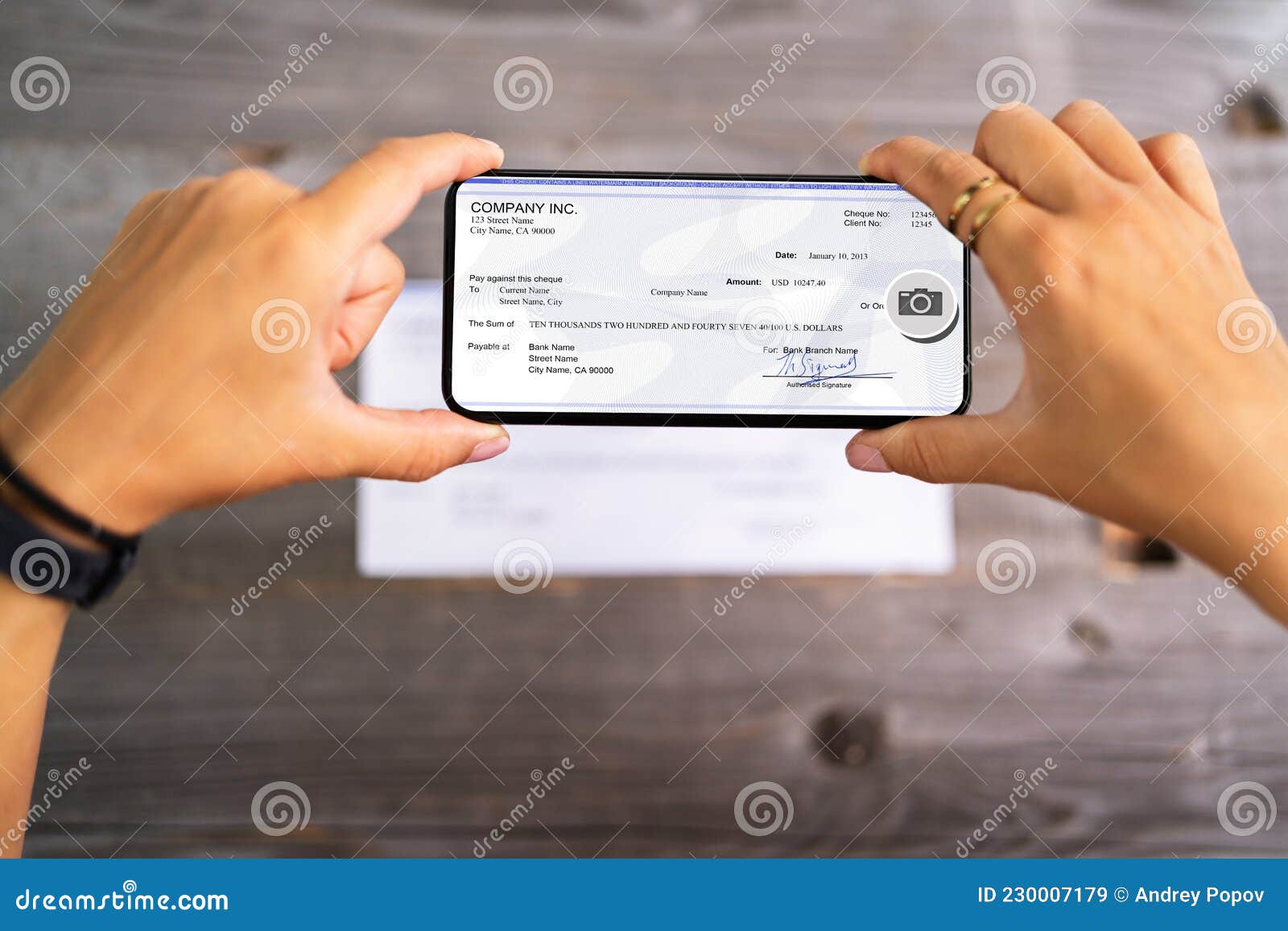 Remote Check Deposit Taking Photo with Phone Stock Image - Image of ...
