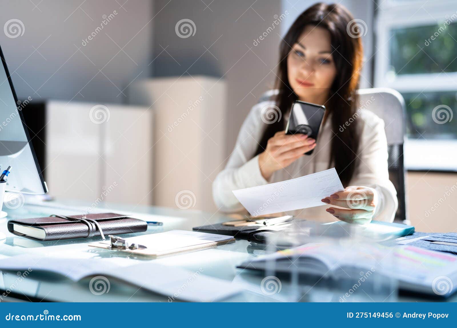 Remote Cheque Deposit Using Mobile Phone Stock Photo - Image of woman ...