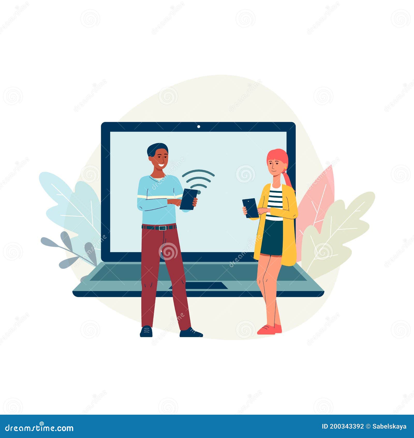 Remote Connected Devices with People Sharing Wi-Fi Vector Illustration ... Remote Connected Devices with People Sharing Wi-Fi Vector Illustration ...