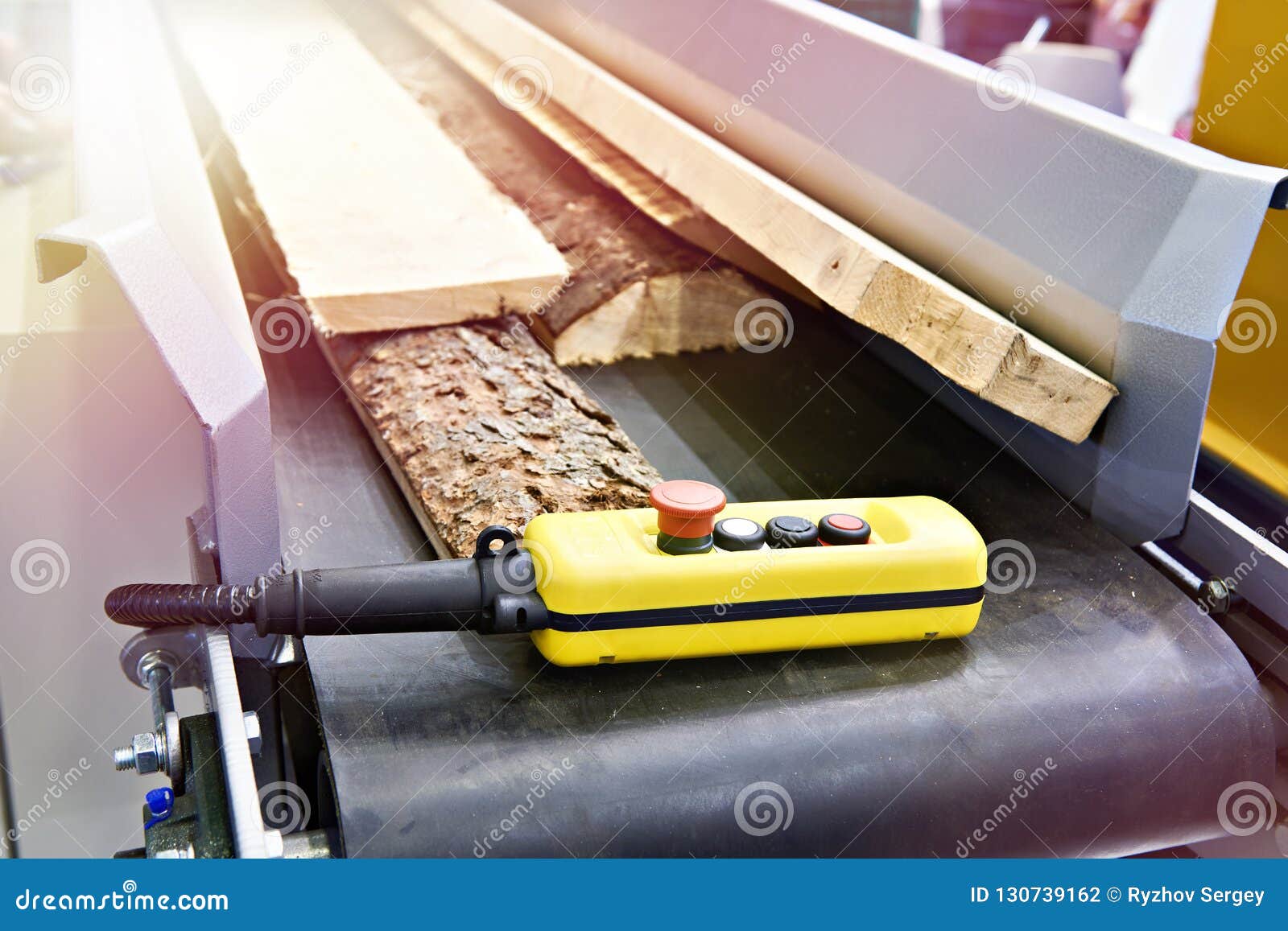 Remote Control on Conveyor with Boards in Wooden Factory Stock Photo ...