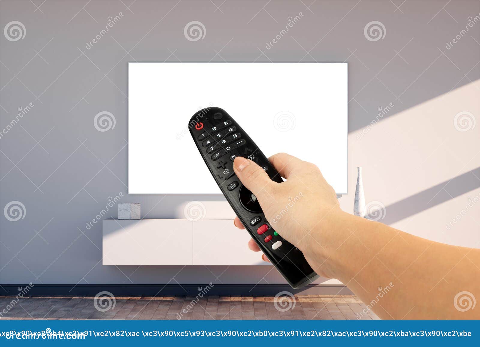 Remote Control in Hand Close-up on the Background of the TV. Watch TV ...