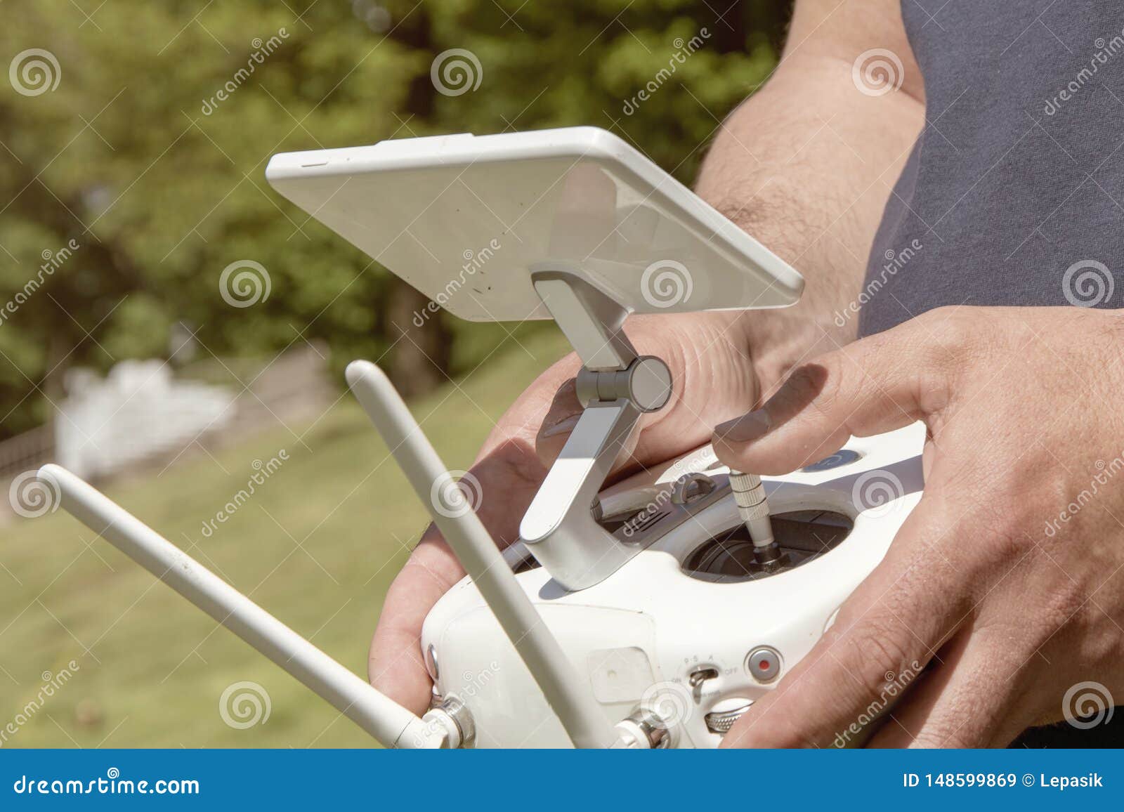 Remote Control Quadrocopter, a Man Turns the Joystick and Levers Stock ...