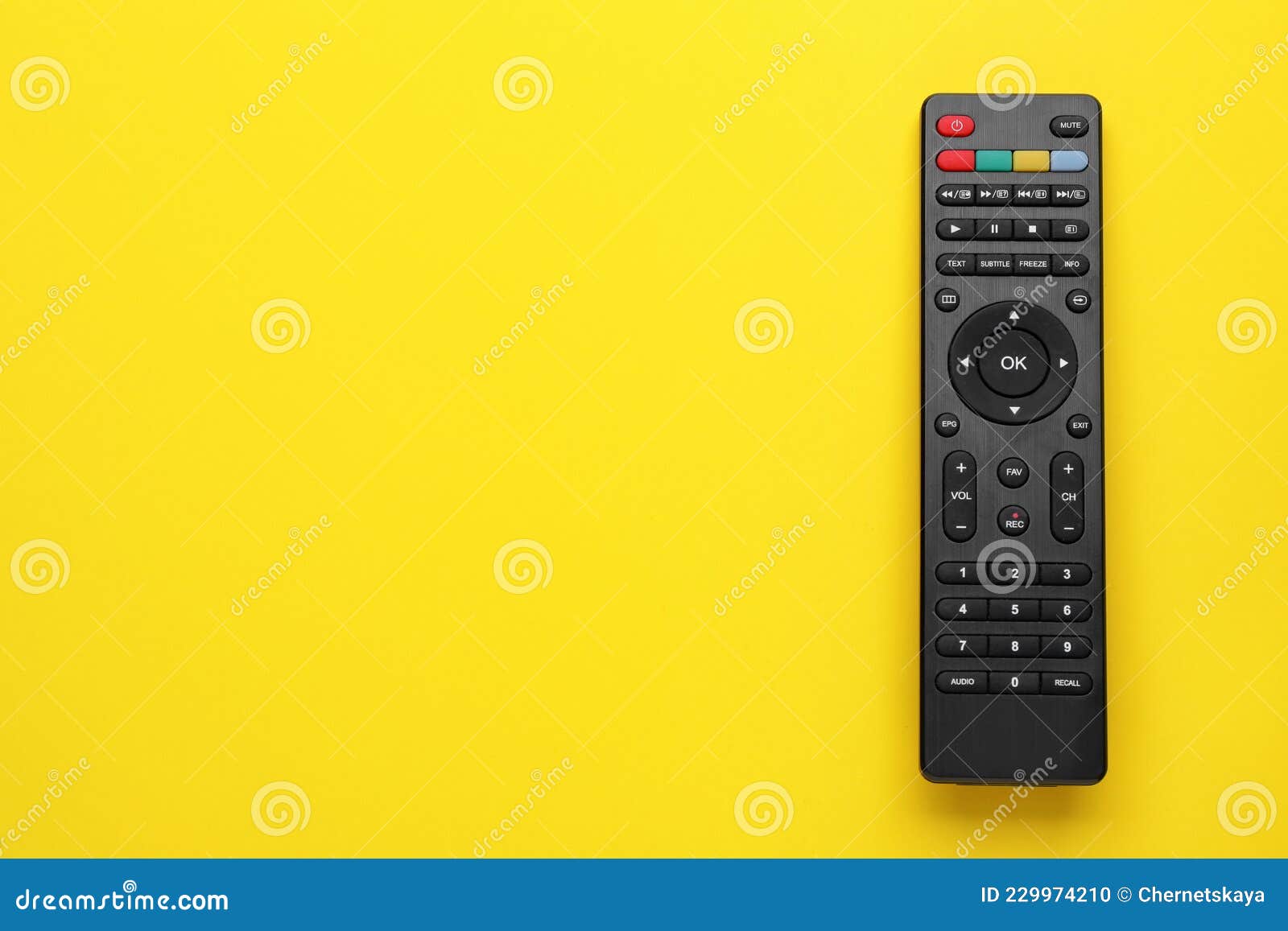 Remote Control on Yellow Background, Top View. Space for Text Stock ...