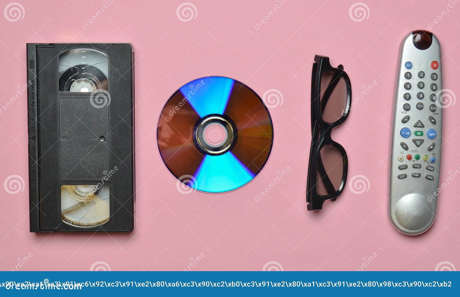 Remote Controller, 3d Glasses, CD, Video Cassette on a Pink Pastel ...