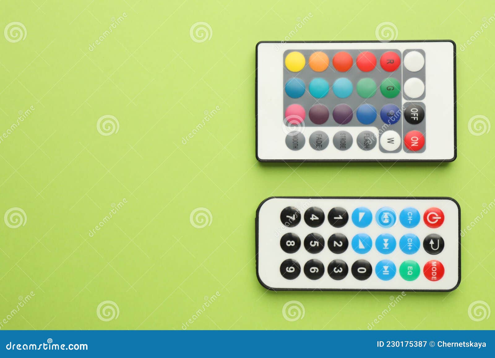 Remote Controls on Light Green Background, Flat Lay. Space for Text ...