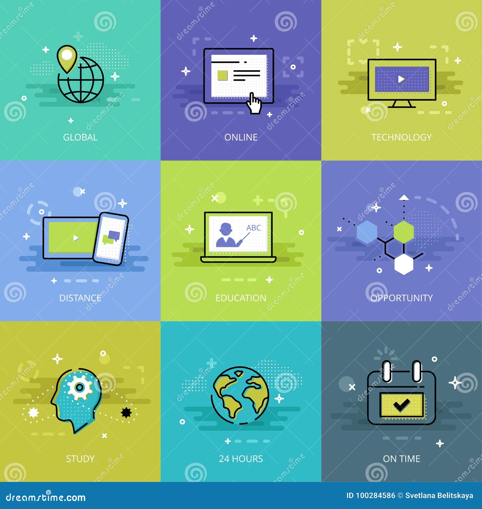 Remote Education Theme in Flat Line Stock Illustration - Illustration ...